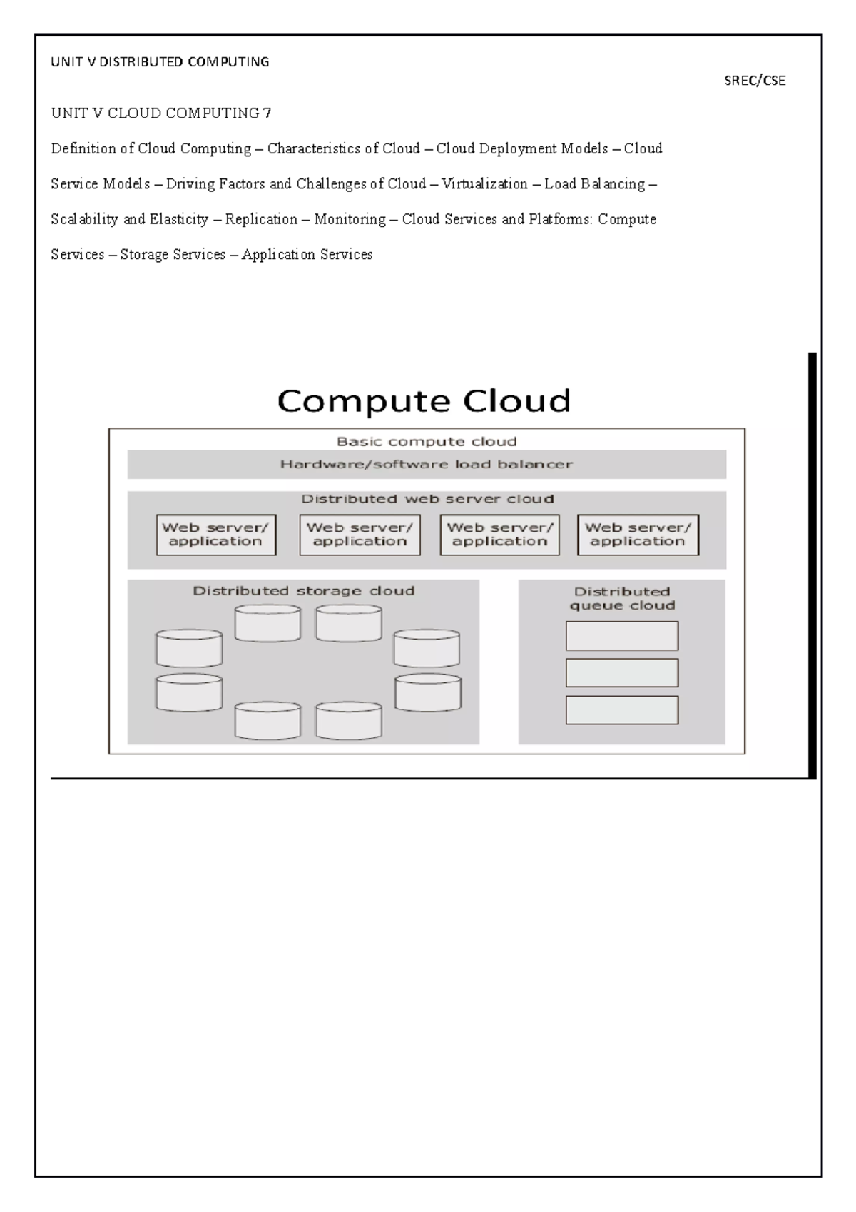 Unit 5 DC - SREC/CSE UNIT V CLOUD COMPUTING 7 Definition of Cloud Computing – Characteristics of ...