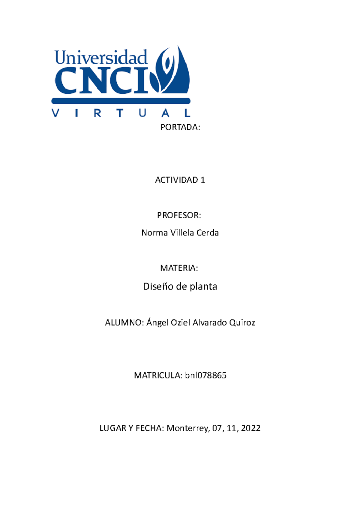 Act 2 diseño de planta - Actividad 2 - PORTADA: ACTIVIDAD 1 PROFESOR ...