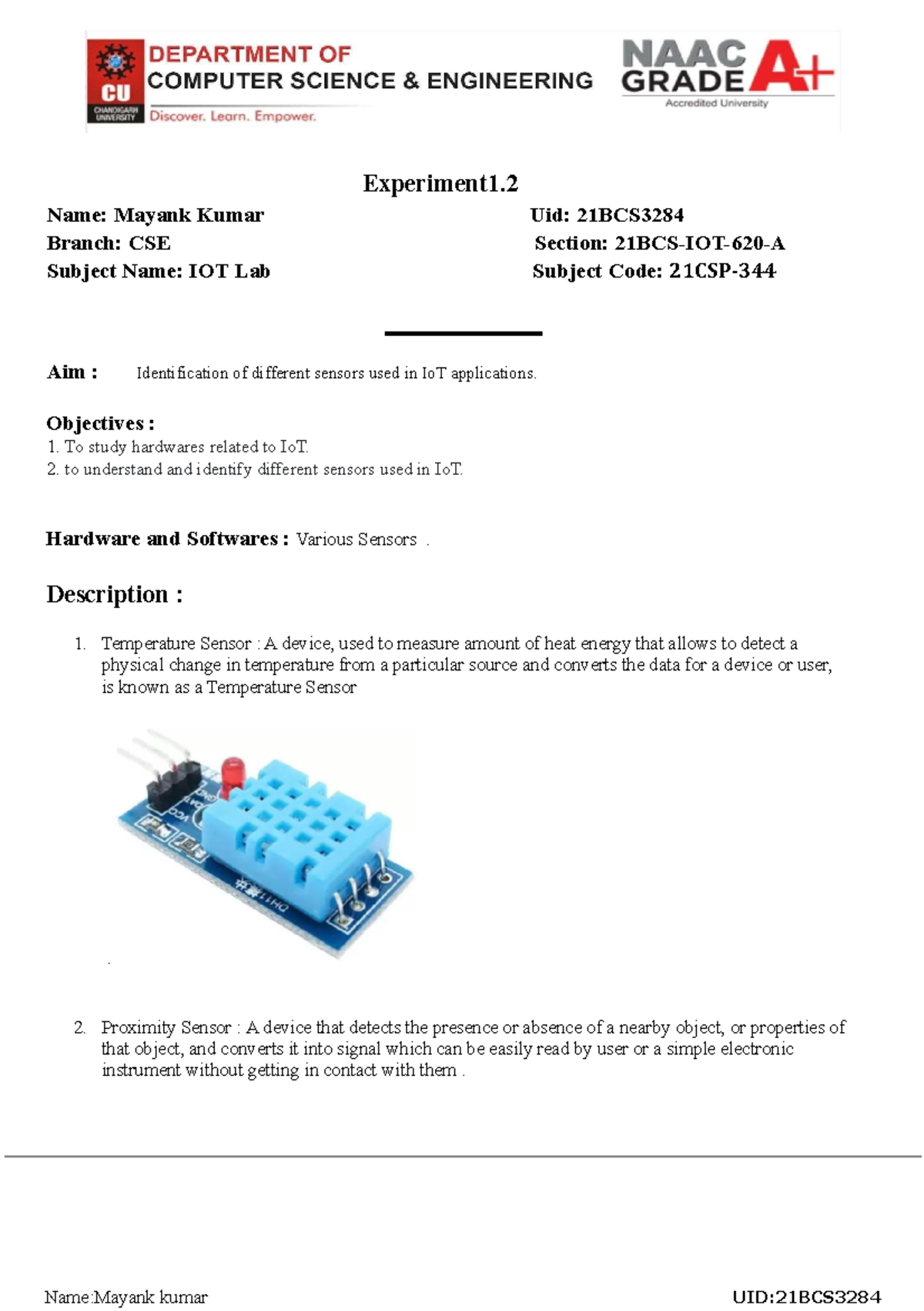IOT 1.2 - worksheet chandigarh university - Name:Mayank kumar UID:21BCS ...