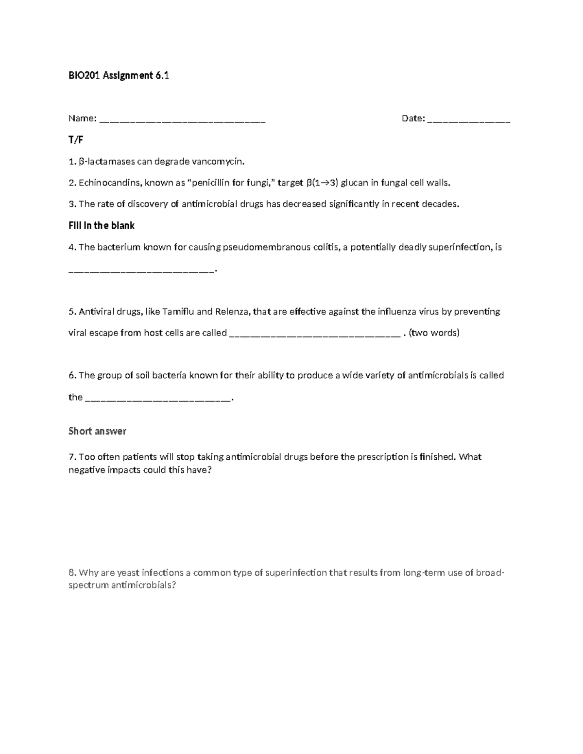 BIO201 Assignment 6.1 2424 - BIO201 Assignment 6. Name ...