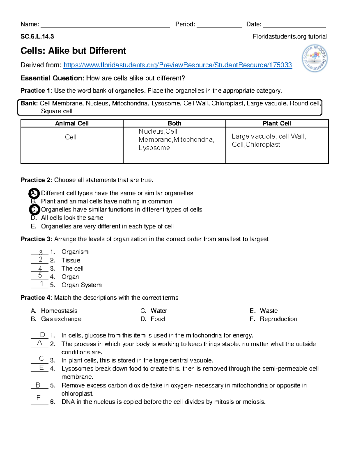 Floridastudents - SC.6.L.14.3 Cells Alike but Different (1) - Name ...