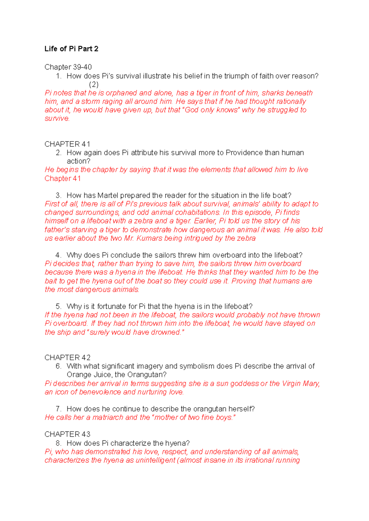 Life of Pi Part 2 Questions - Life of Pi Part 2 Chapter 39- 1. How does ...