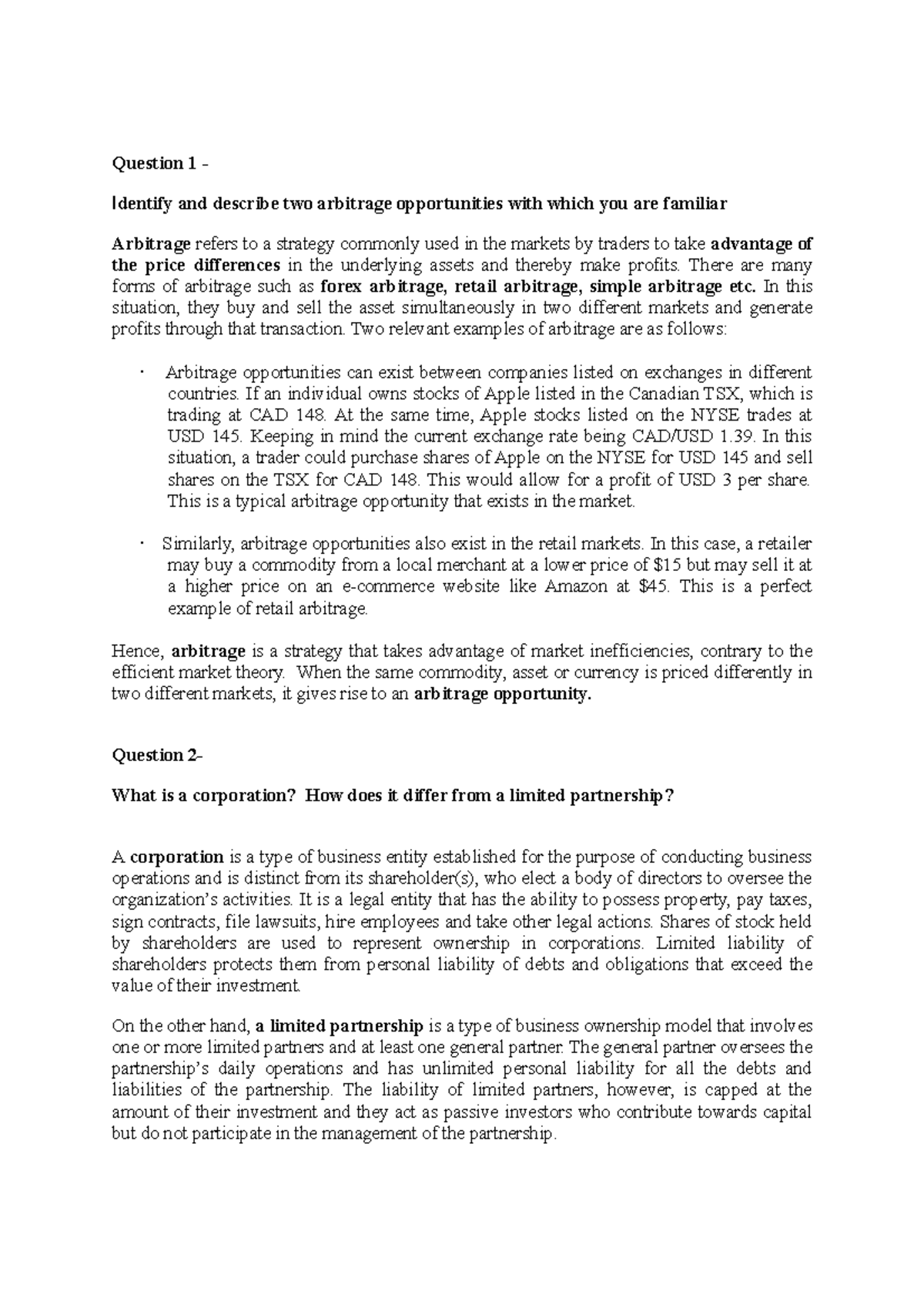 Group assignment 1 - Question 1 - Identify and describe two arbitrage opportunities with which ...