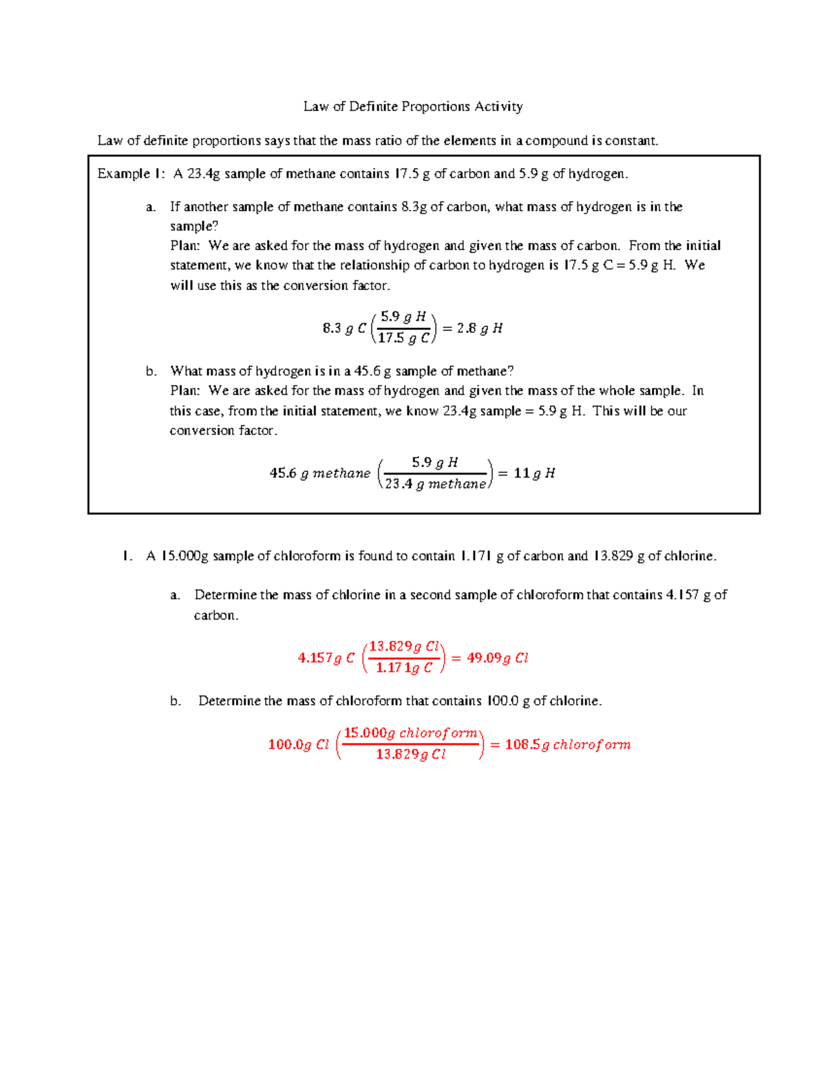 2.a Law of definite proportions Key - Law of Definite Proportions ...