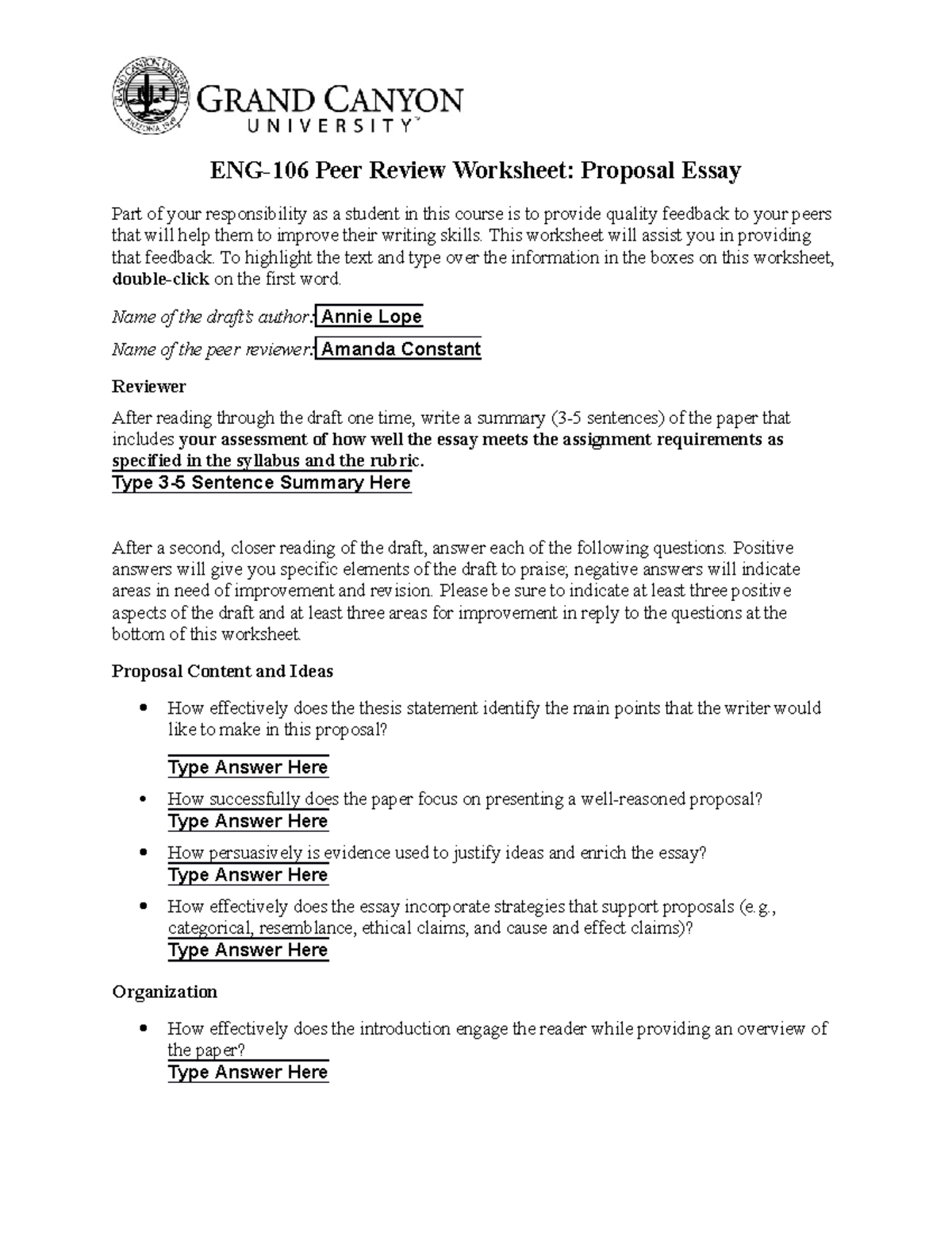 Eng106proposal peer review 1 - ENG-106 Peer Review Worksheet: Proposal ...