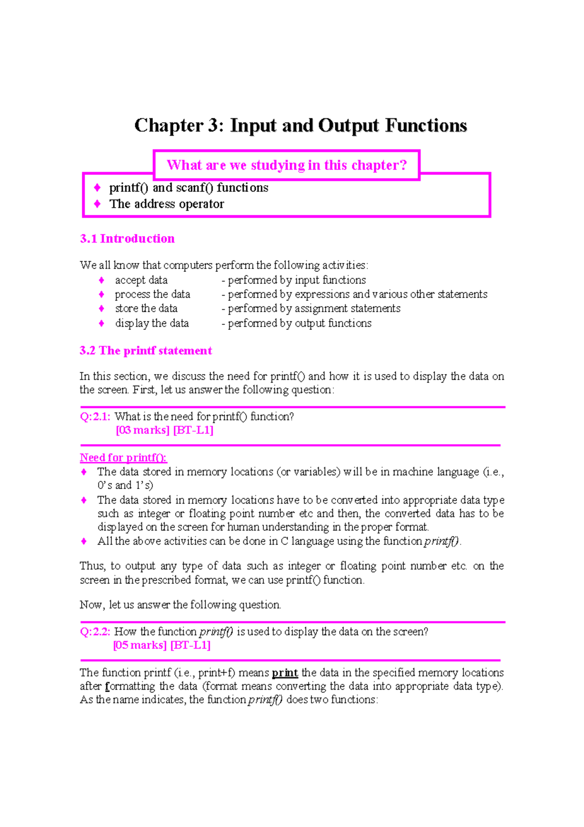 CH-03 - rfw - Chapter 3 : IInnppuutt aanndd OOuuttppuutt FFuunnccttiioonnss 3 .1 Introduction We ...