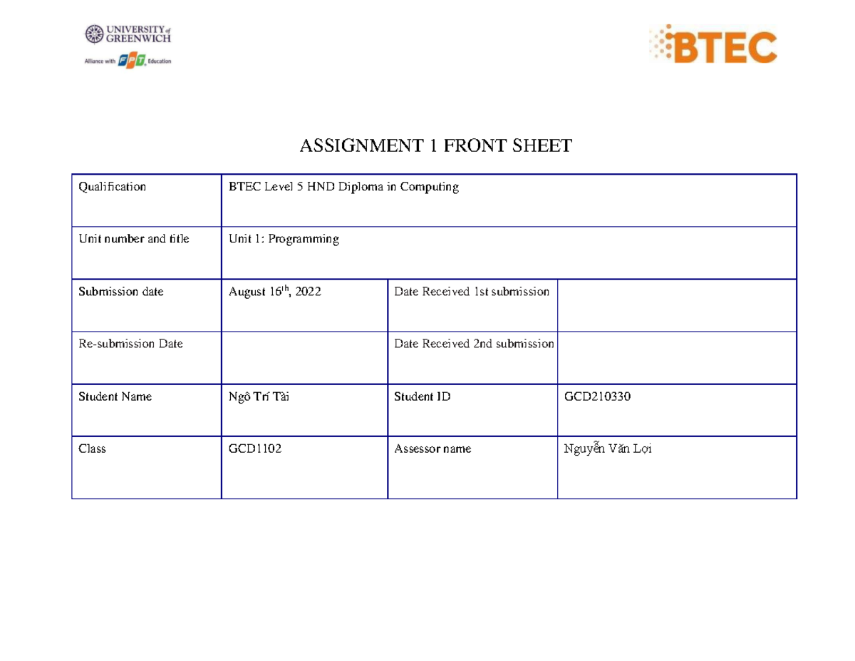 1618 GCD1102 Ngo Tri Tai GCD210330 - ASSIGNMENT 1 FRONT SHEET Qualification BTEC Level 5 HND ...