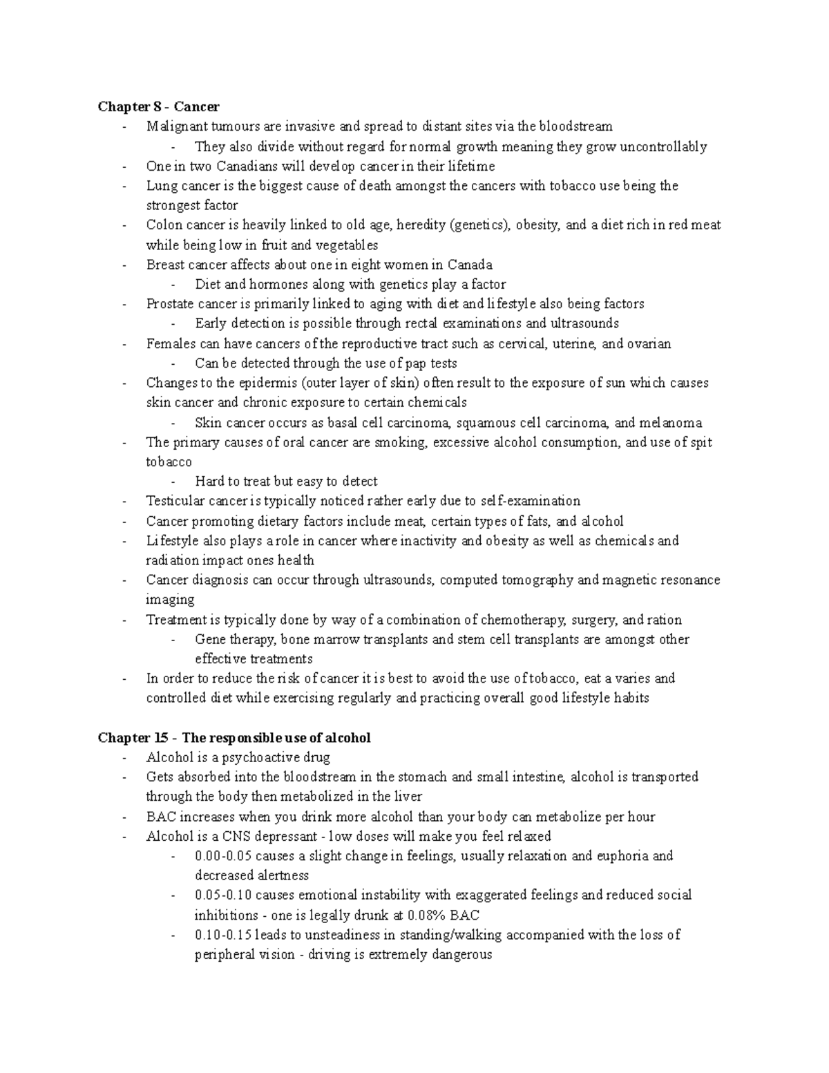 Health Sci 1001A notes - Chapter 8 - Cancer - Malignant tumours are ...