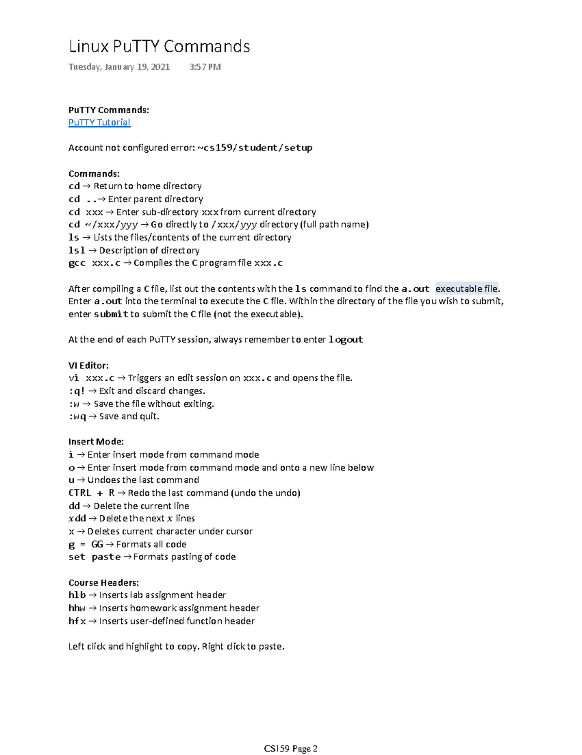 CS159 PuTTY Commands - PuTTY Commands: PuTTY Tutorial Account not ...