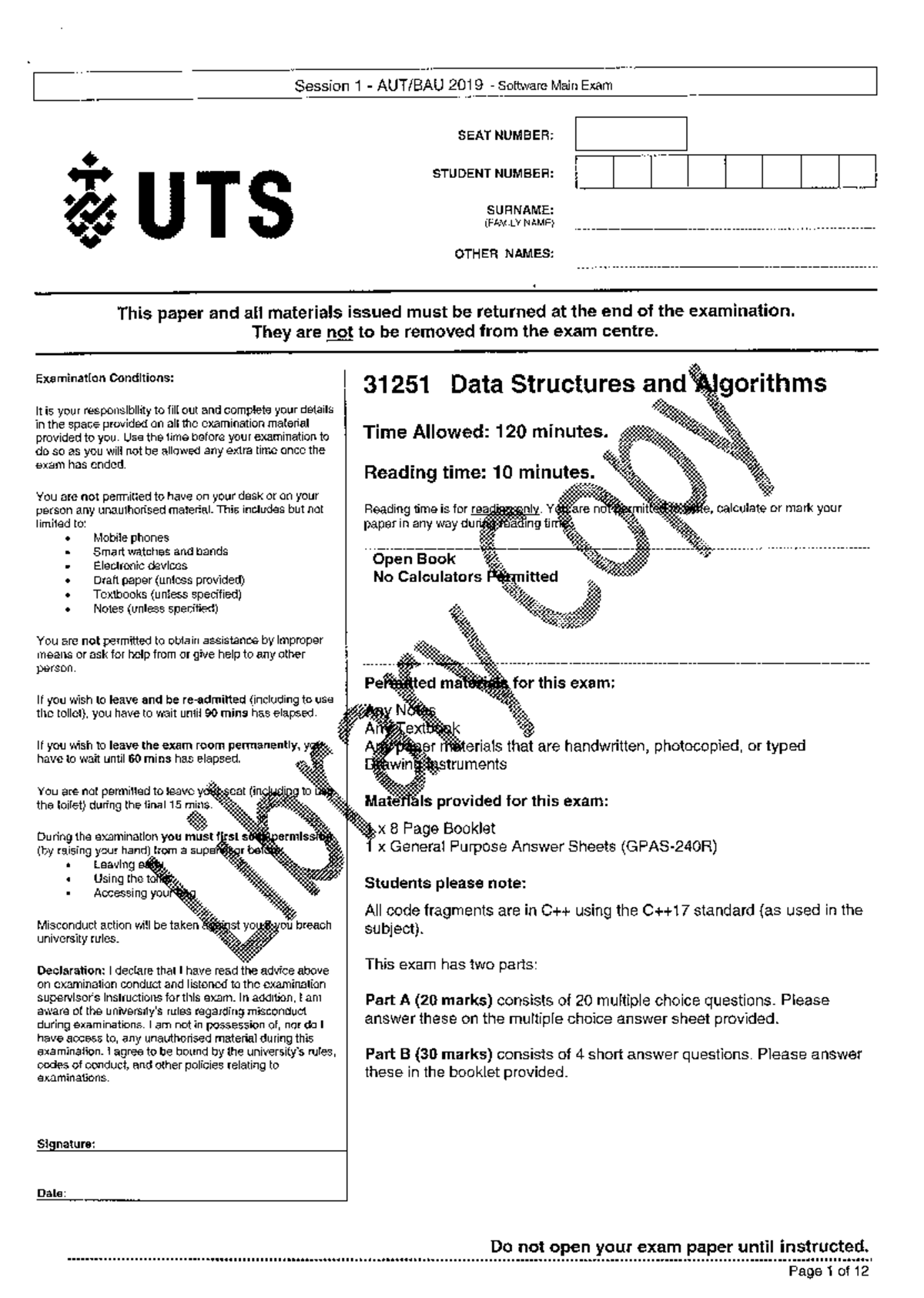 2019 DSA Paper - Session 1 -AUT/BAU 2019 -Software Main Exam SEAT ...