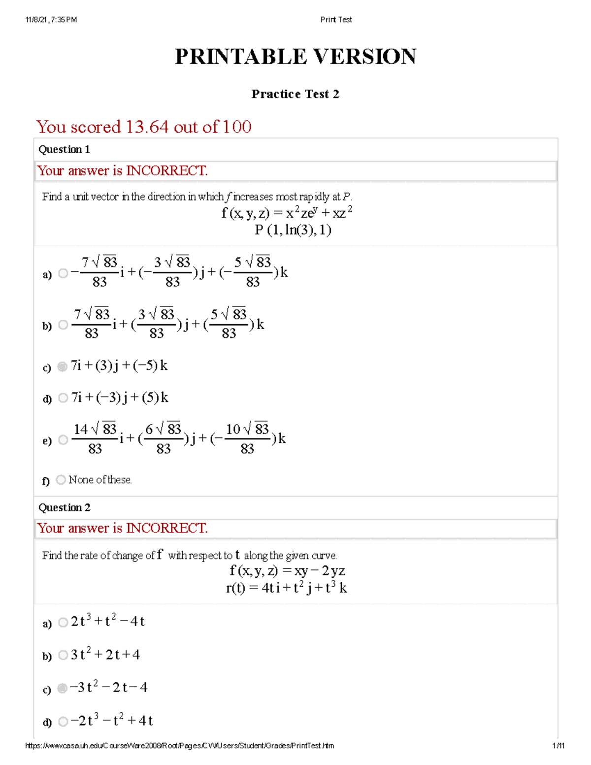 Calculus 3 exam 2 practice test - PRINTABLE VERSION Practice Test 2 You ...