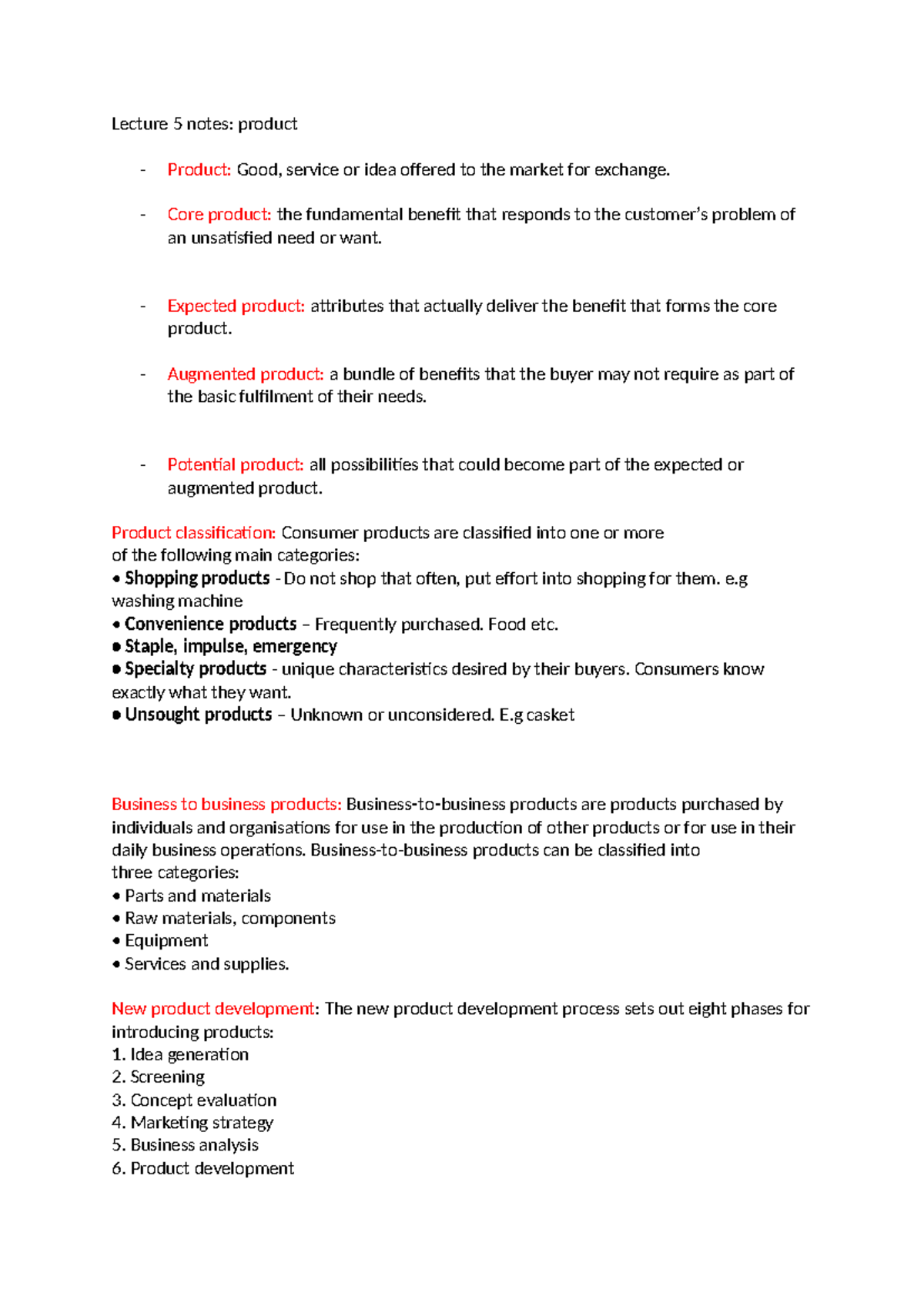 Lecture 5 notes - Lecture 5 notes: product - Product: Good, service or ...