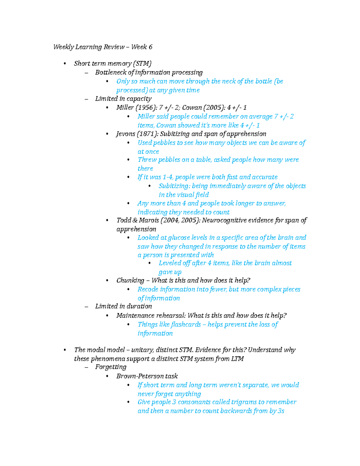 week 6 review/summary - Weekly Learning Review Week 6 Short term memory ...
