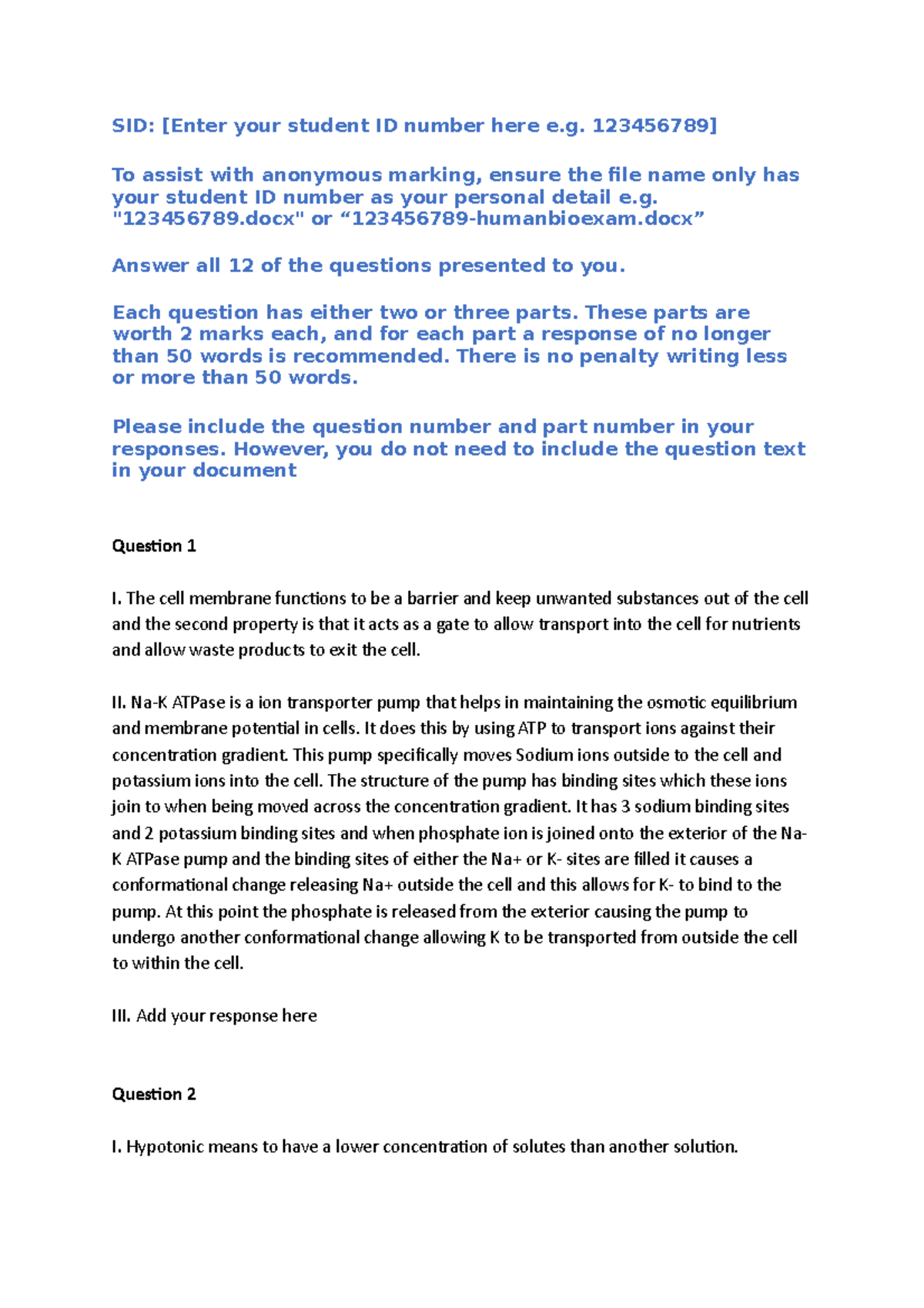 Human Biology Final Exam Response Template 2022 - SID: [Enter your ...