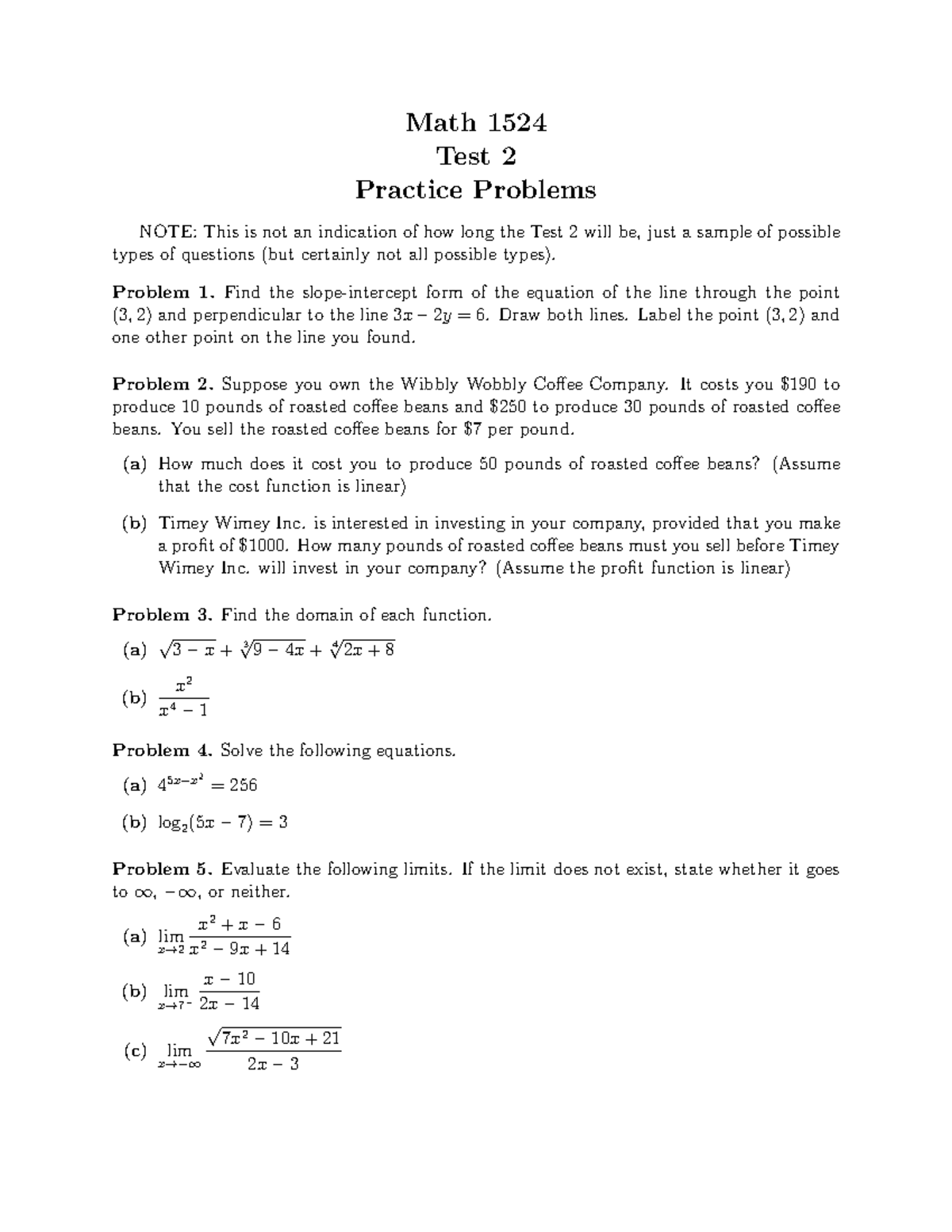 Test 2 Practice - Math 1524 Test 2 Practice Problems NOTE: This is not ...