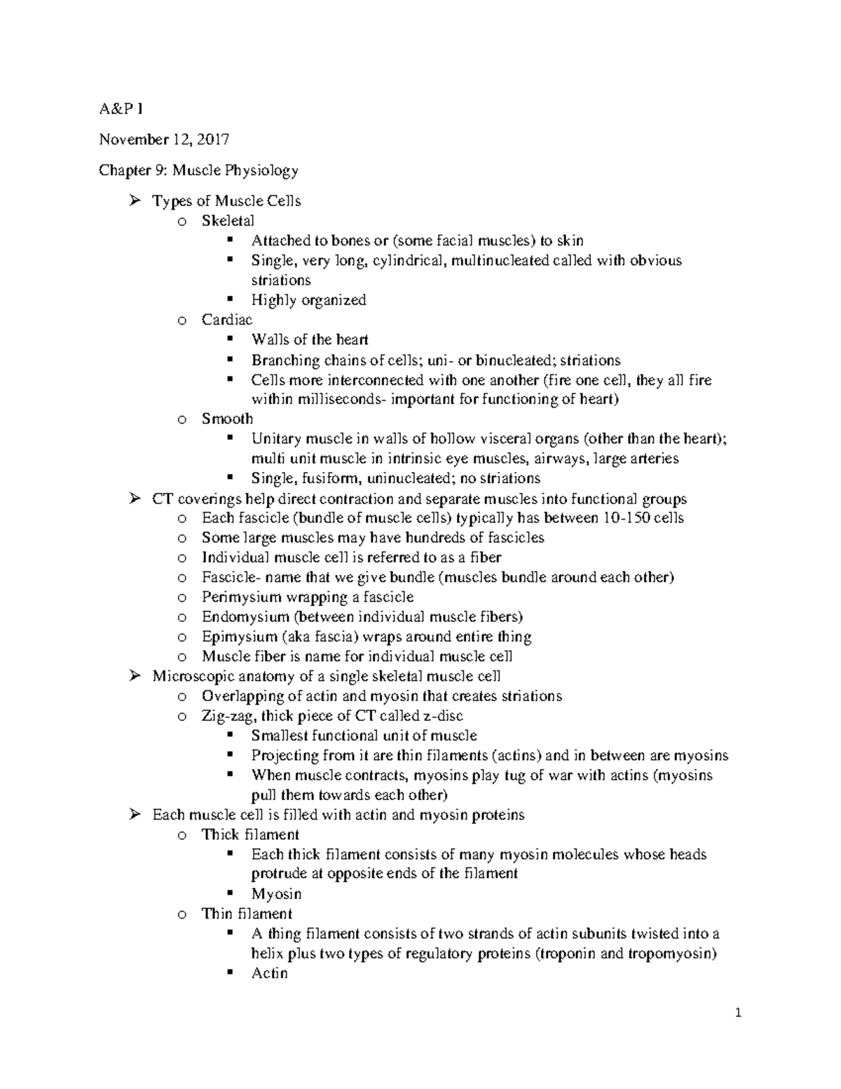 Chapter 9- Muscle Physiology - A&P I November 12, 2017 Chapter 9 ...