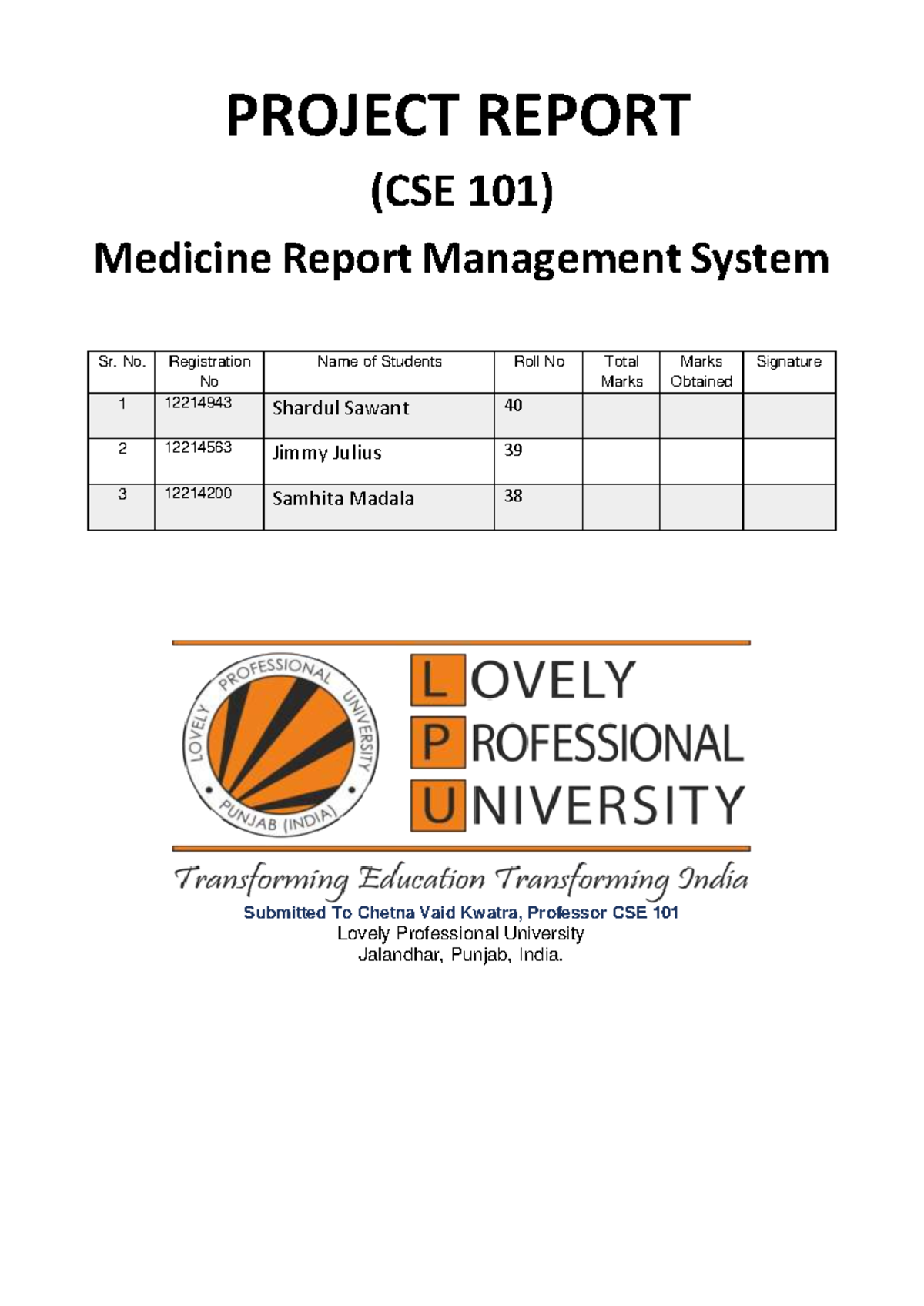 CSE 101 mini project report 2 - PROJECT REPORT (CSE 101) Medicine Report Management System Sr ...