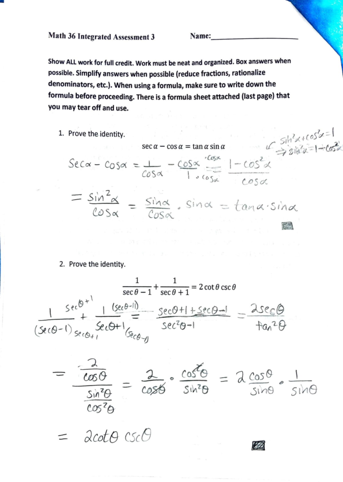 F22 M36 IA3 Key - help for prep - Math 36 Integrated Assessment 3 Name: ________ _ Show ALL work ...