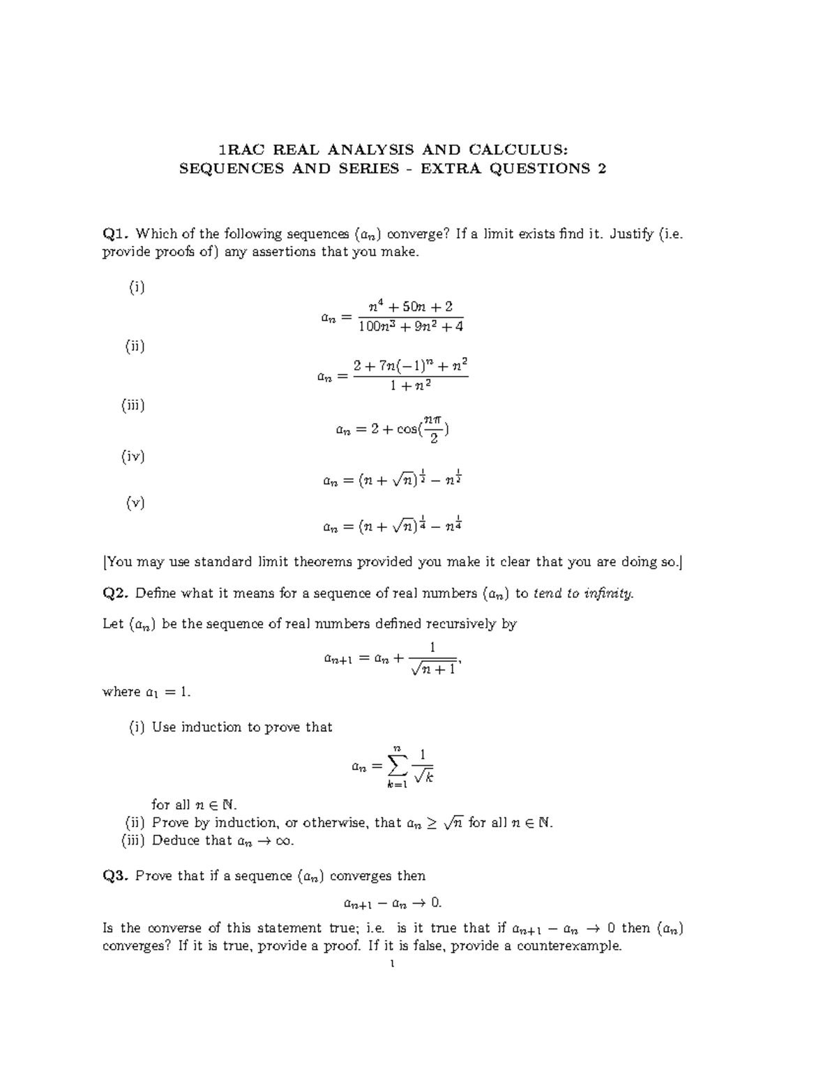 RAC Extra Questions 2 - 1RAC REAL ANALYSIS AND CALCULUS: SEQUENCES AND ...