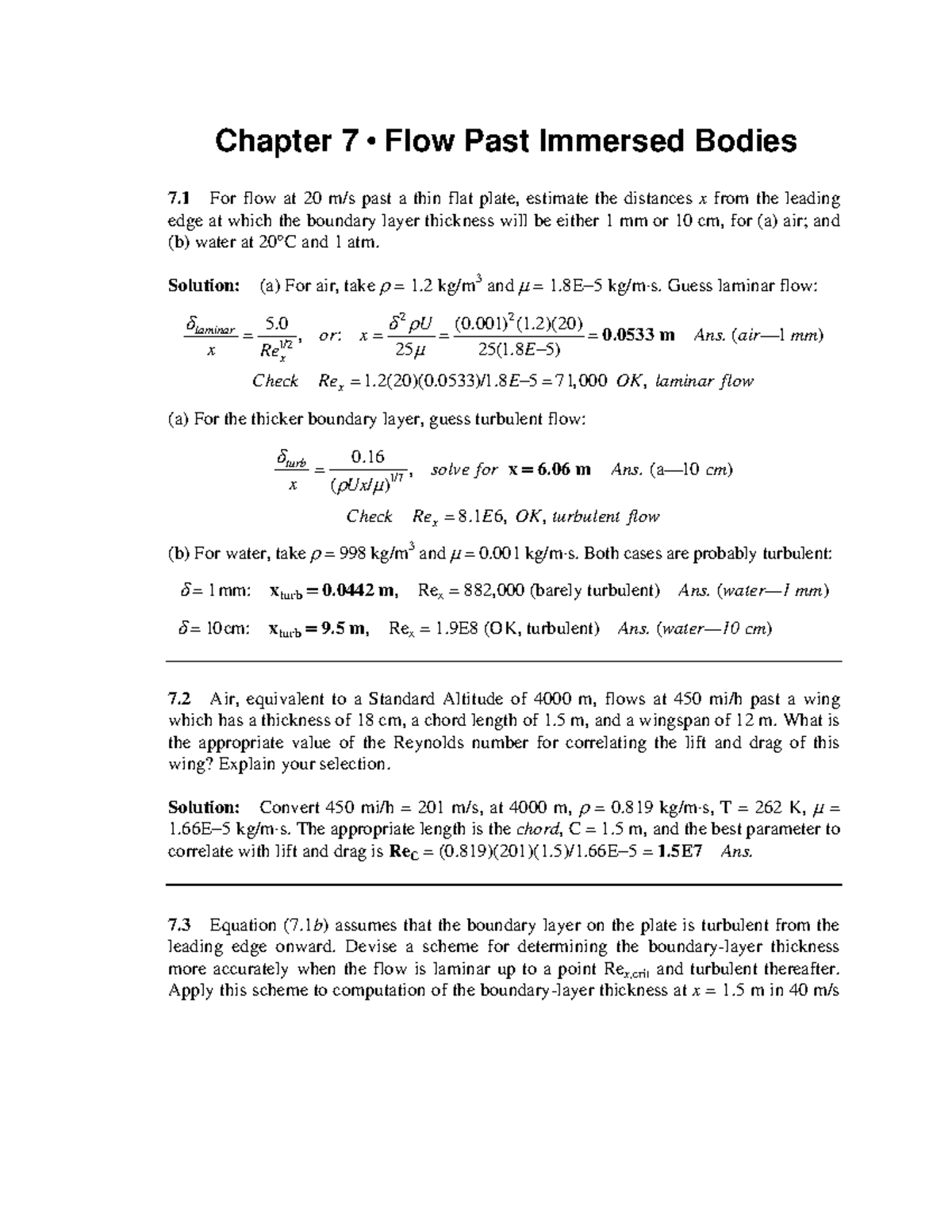 Chapter 7 • Flow Past Immersed Bodies - Chapter 7 • Flow Past Immersed Bodies 7 For flow at 20 m ...