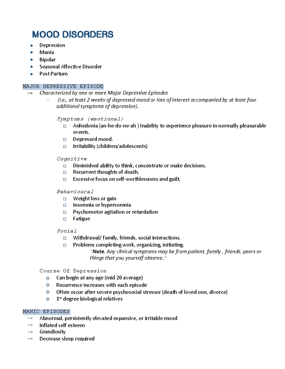 MOOD Disorders - Lecture notes 2 - Depression Mania Bipolar Seasonal ...