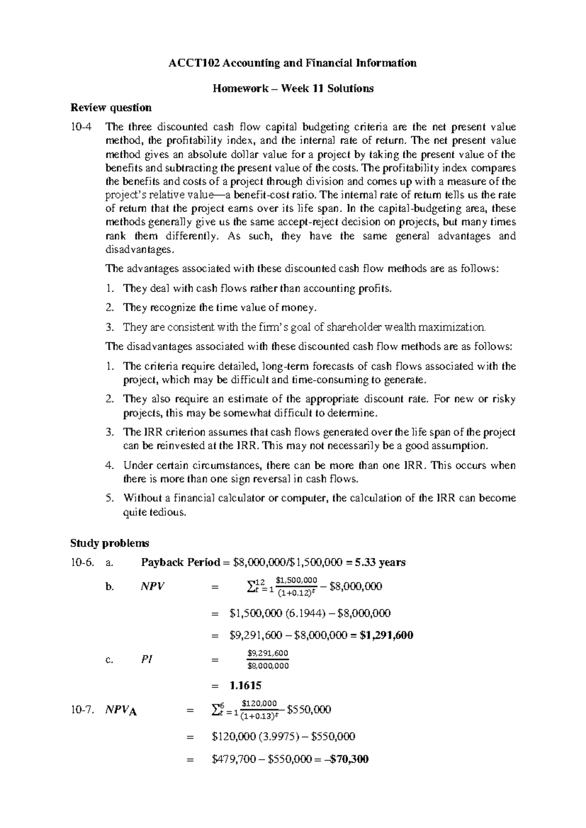 ACCT102 Homework Week 11 Solutions - ACCT102 Accounting and Financial ...