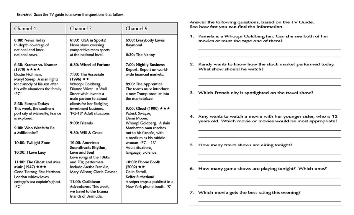 Skimming, Scanning - Exercise: Scan the TV guide to answer the ...