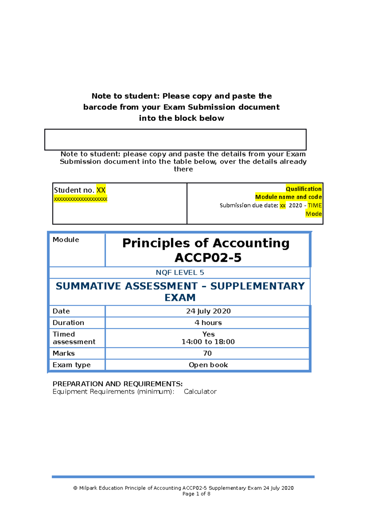 Z Supp Exam ACCP02-5 S1 24 07 2020 BCC type-in - Note to student ...