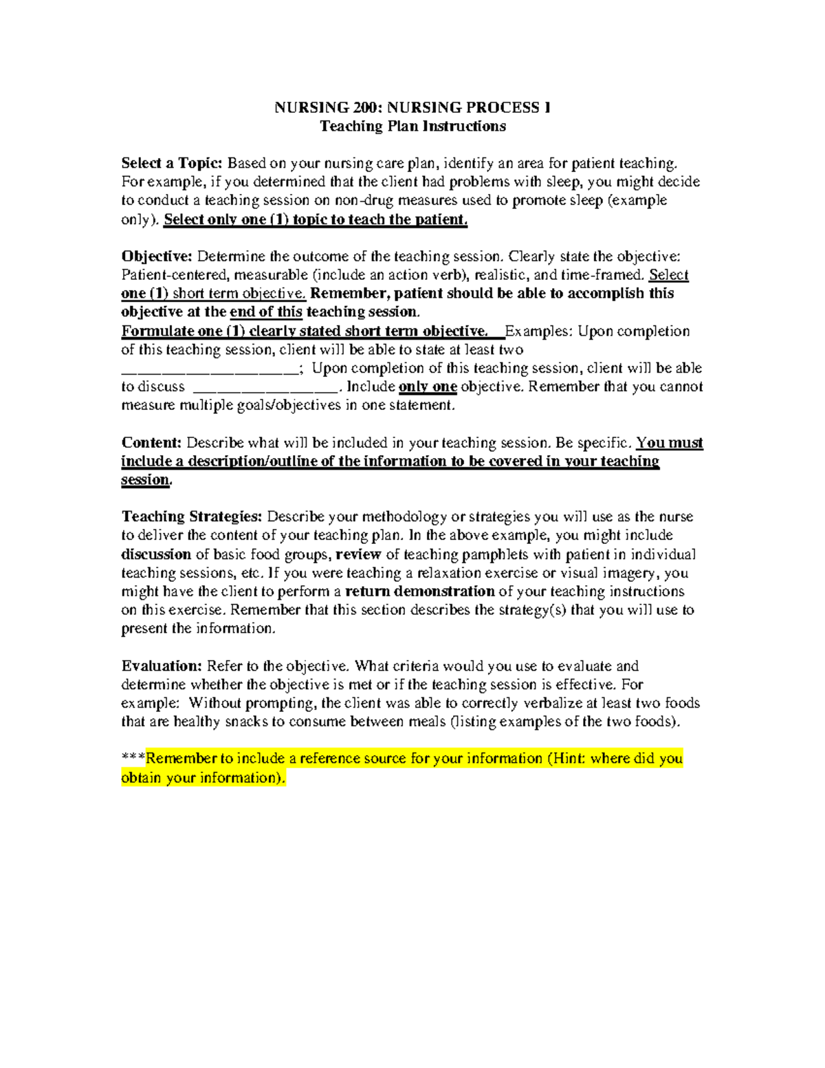 Teaching Plan Instructions - NURSING 200: NURSING PROCESS I Teaching ...