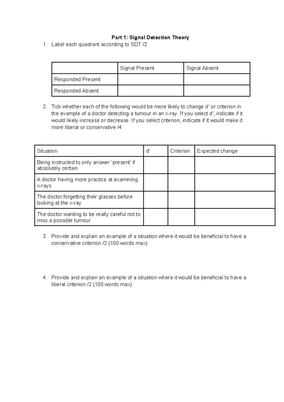 Assignment 1 Signal Detection Theory Part 1 Signal Detection Theory