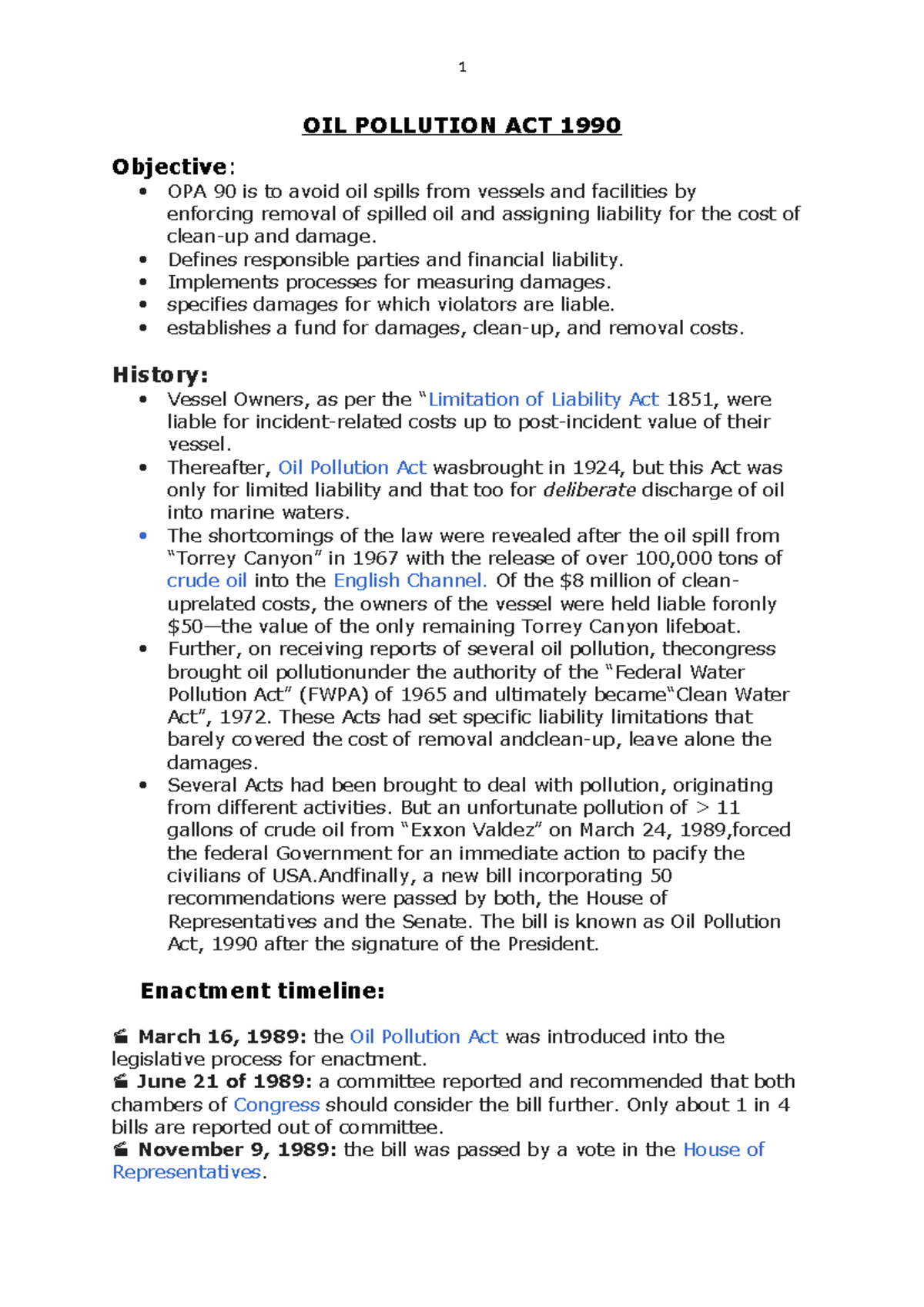 OPA 90 Note - Notes of oil pollution act 1990 - 1 OIL POLLUTION ACT ...