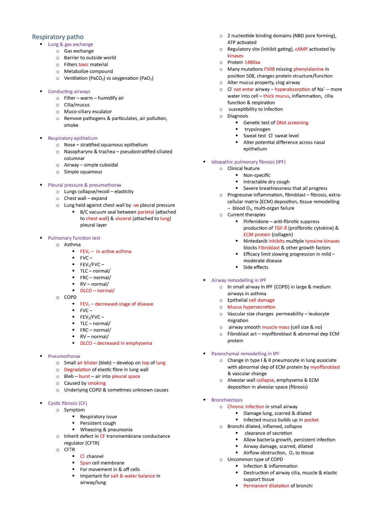Wk4 note - lecture notes - Respiratory patho Lung & gas exchange o Gas ... Wk4 note - lecture notes - Respiratory patho Lung & gas exchange o Gas ...