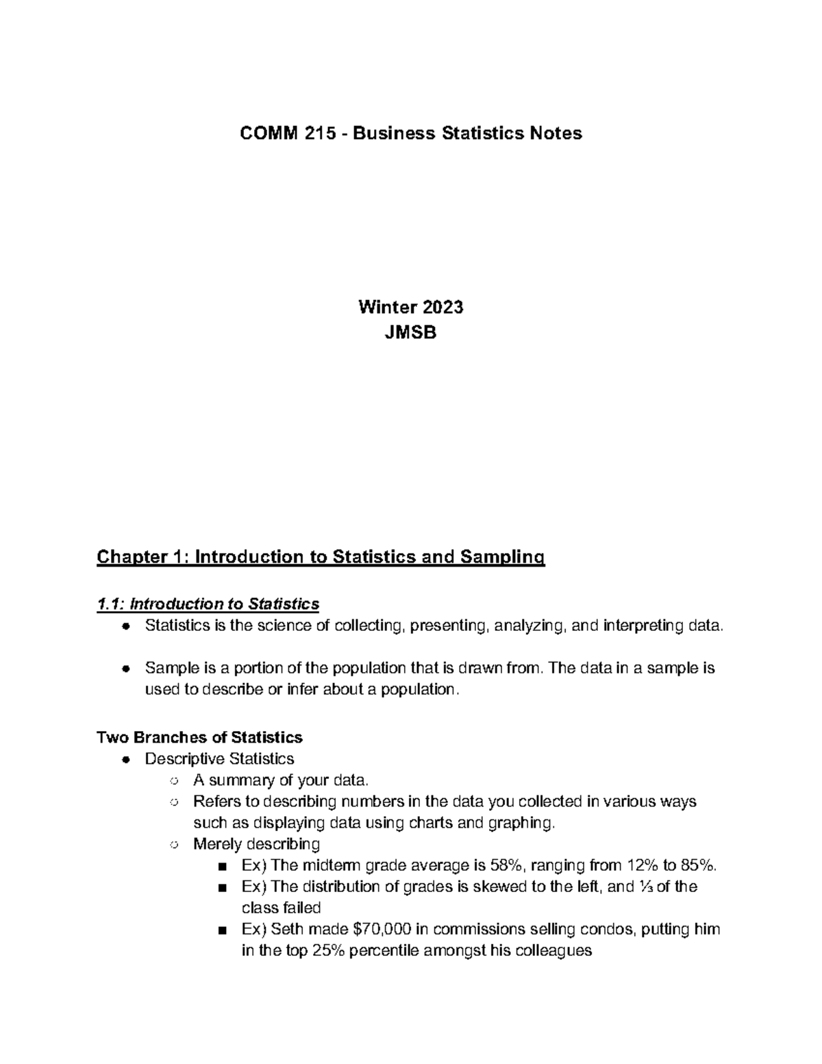 COMM 215 - Notes 1-4 Wize - COMM 215 - Business Statistics Notes Winter ...
