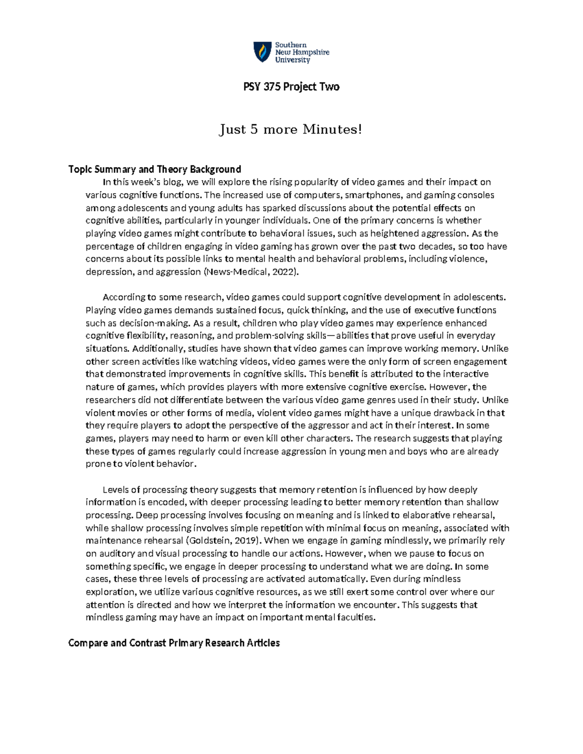 PSY 375 Project Two - PSY 375 Project Two Just 5 more Minutes! Topic ...