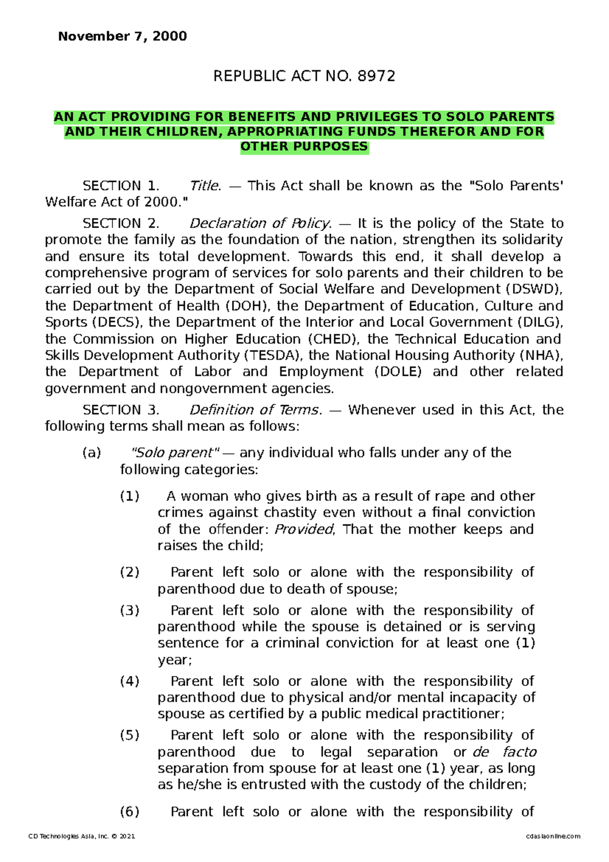 RA 8972 Solo Parents Welfare Act - November 7, 2000 REPUBLIC ACT NO ...
