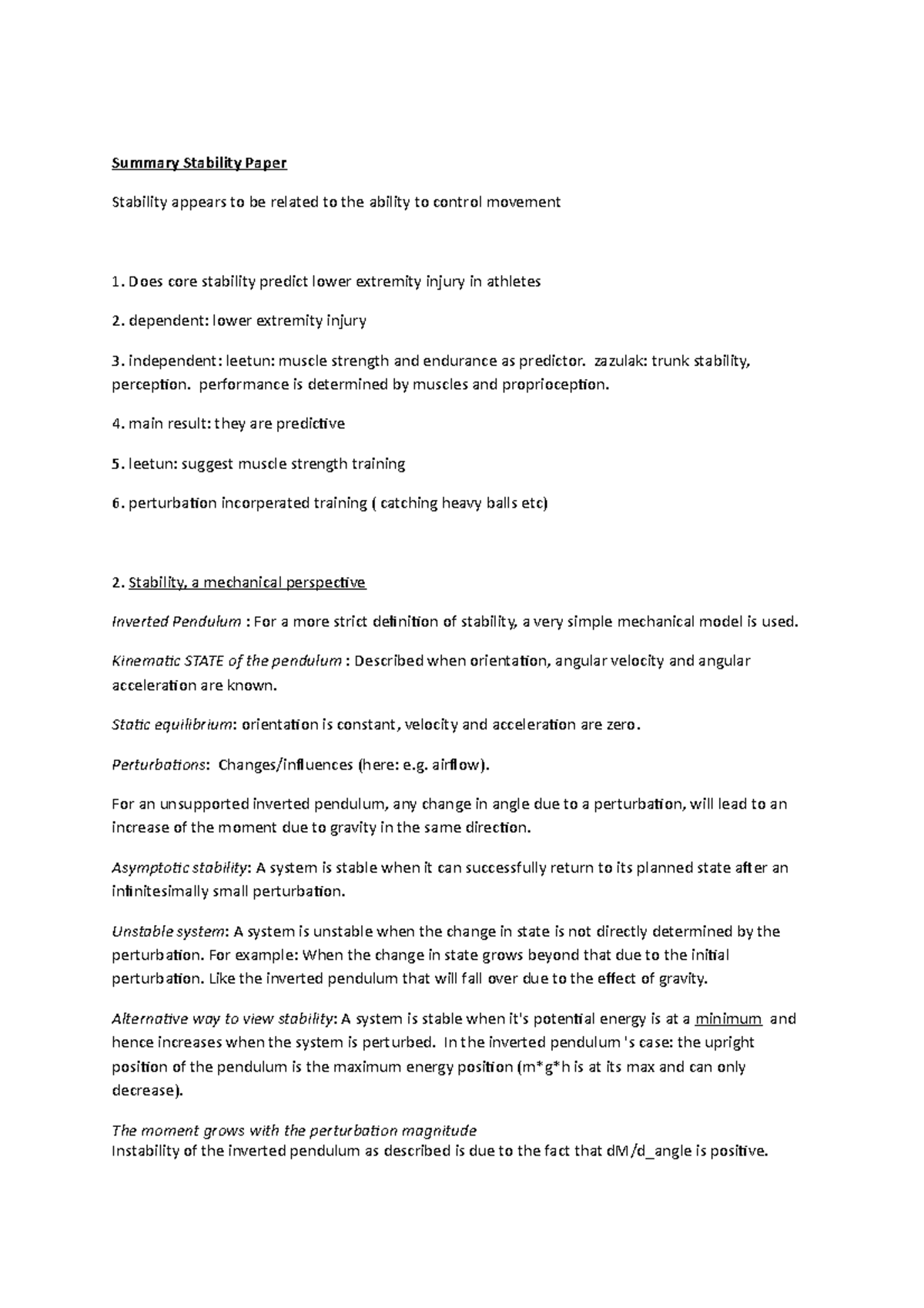 Summary Stability Paper Biomechanical Part - Summary Stability Paper ...