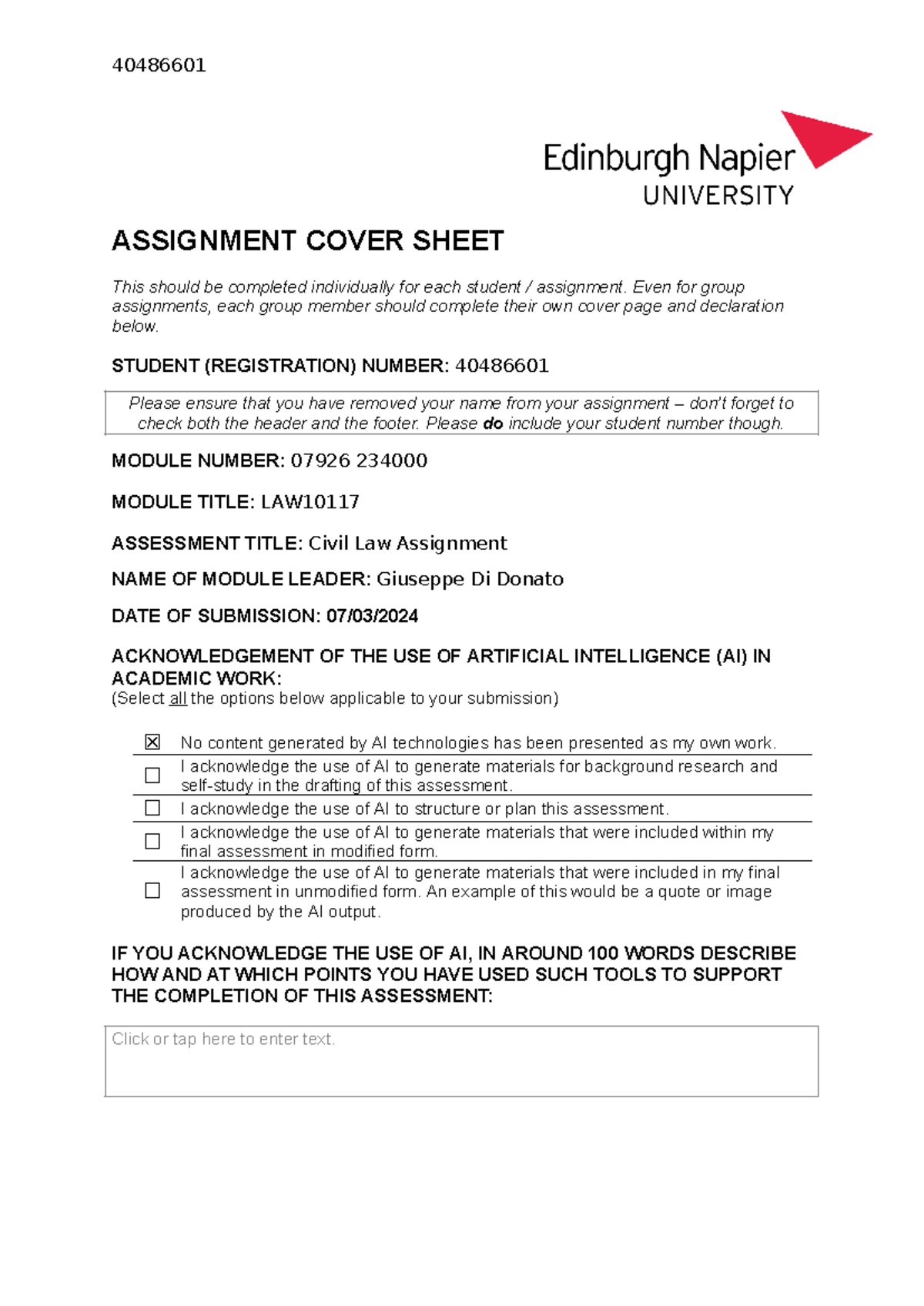 Civil Law Assignment - ASSIGNMENT COVER SHEET This should be completed ...