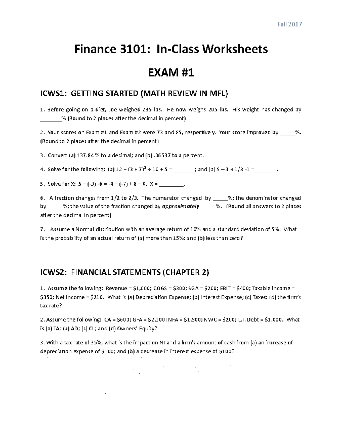 In-Class Worksheets 081717 - Finance 3101: In-Class Worksheets EXAM ...