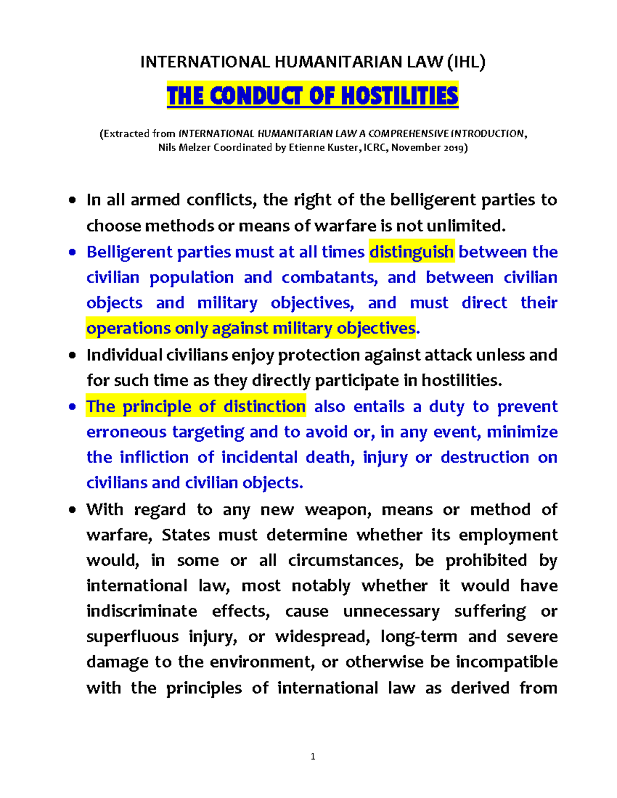 The Conduct of Hostilities - INTERNATIONAL HUMANITARIAN LAW (IHL) THE ...