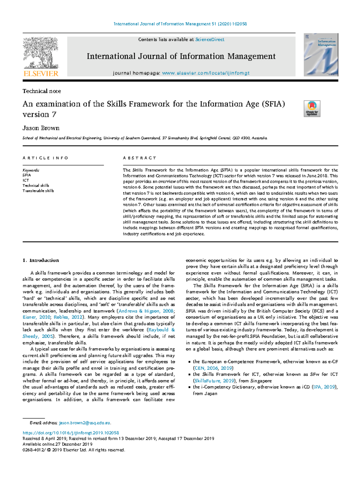 An examination of the Skills Framework for the Information Age (SFIA ...