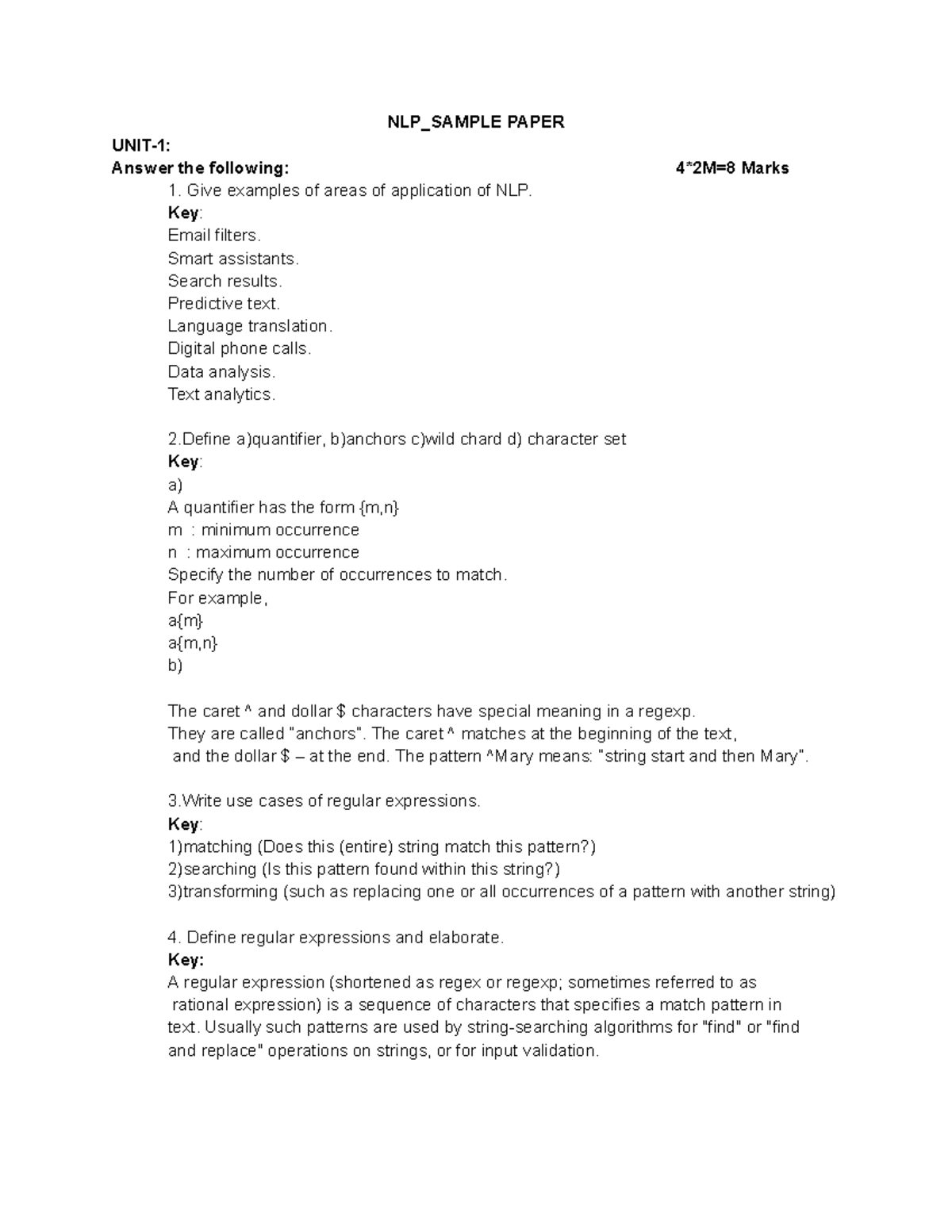 NLP Sample Paper Key - zrtvrwc - NLP_SAMPLE PAPER UNIT-1: Answer the ...