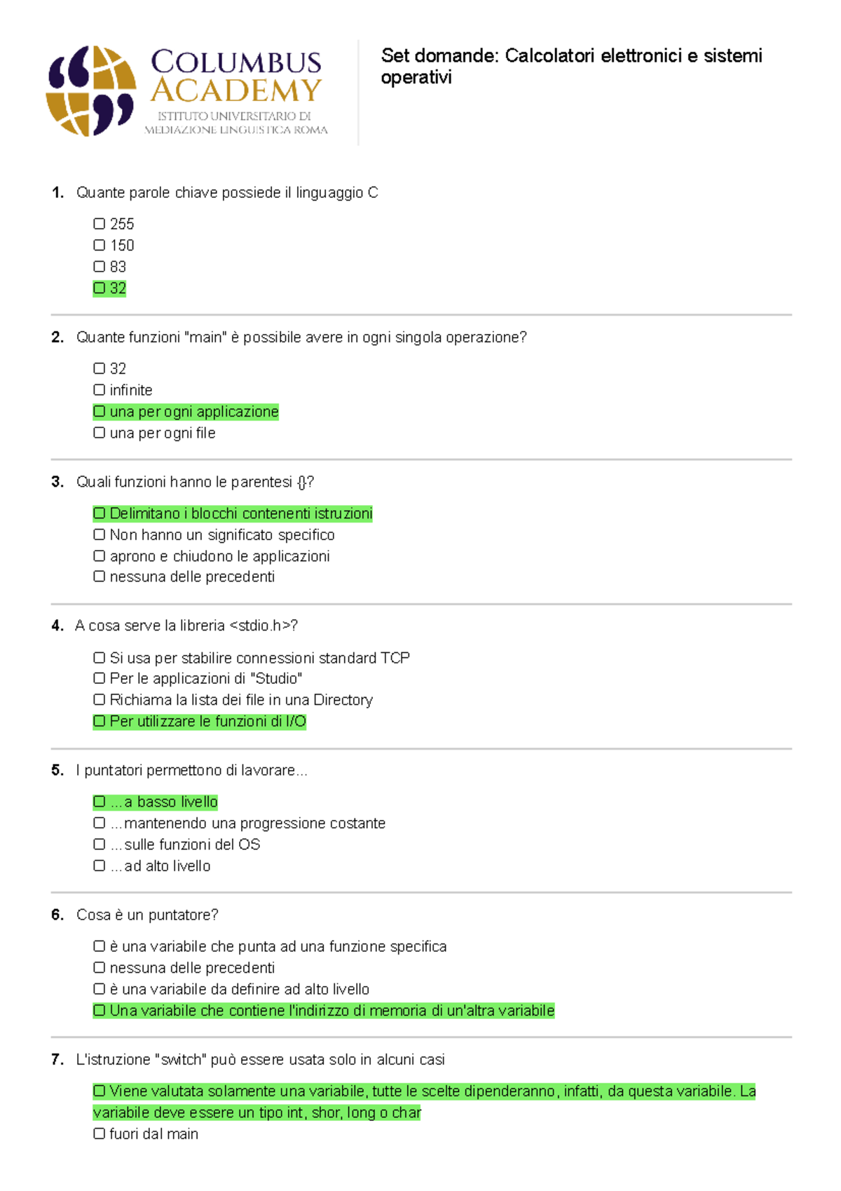 Calcolatori Elettronici E Sistemi Operativi (12 CFU) - Columbus Academy - Set domande ...