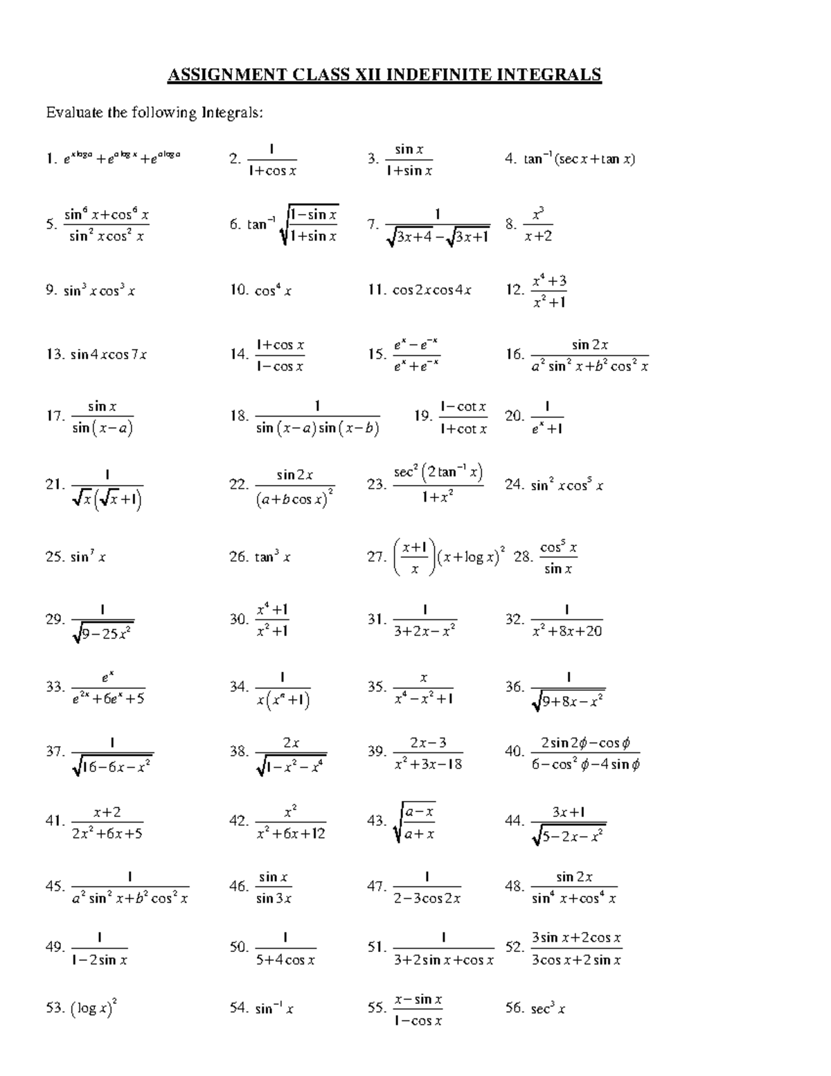 Class 12 integration assignment - ASSIGNMENT CLASS XII INDEFINITE ...