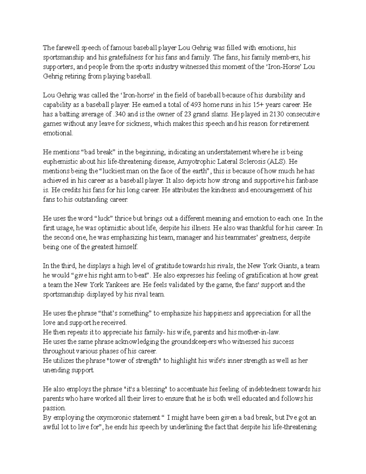 English CIA - Textual analysis - The farewell speech of famous baseball ...