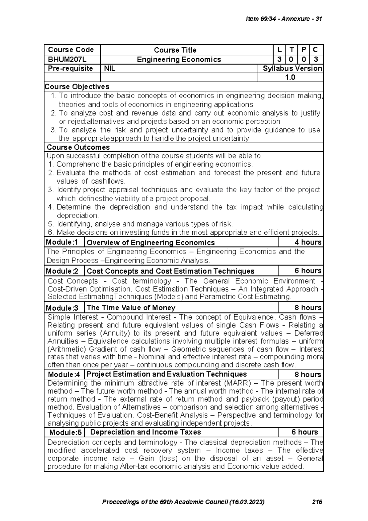 BHUM207L Engineering- Economics TH 1 - Course Code Course Title L T P C BHUM207L Engineering ...