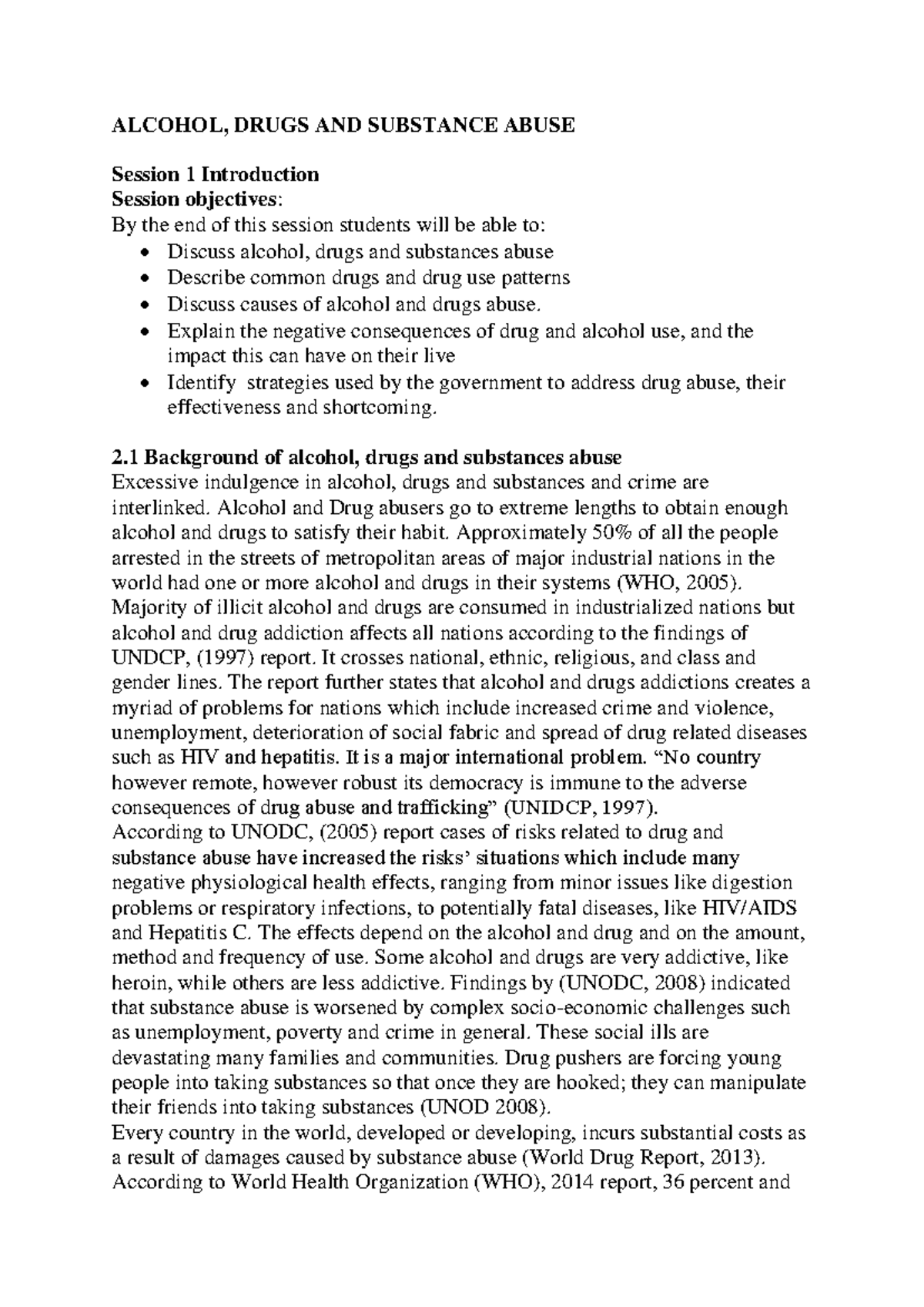 Drugs AND Alcohol Handout - ALCOHOL, DRUGS AND SUBSTANCE ABUSE Session ...