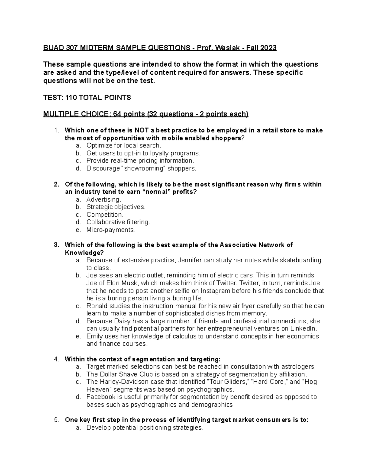 BUAD307Mid Ques Fall 23 - BUAD 307 MIDTERM SAMPLE QUESTIONS - Prof. Wasiak - Fall 2023 These ...