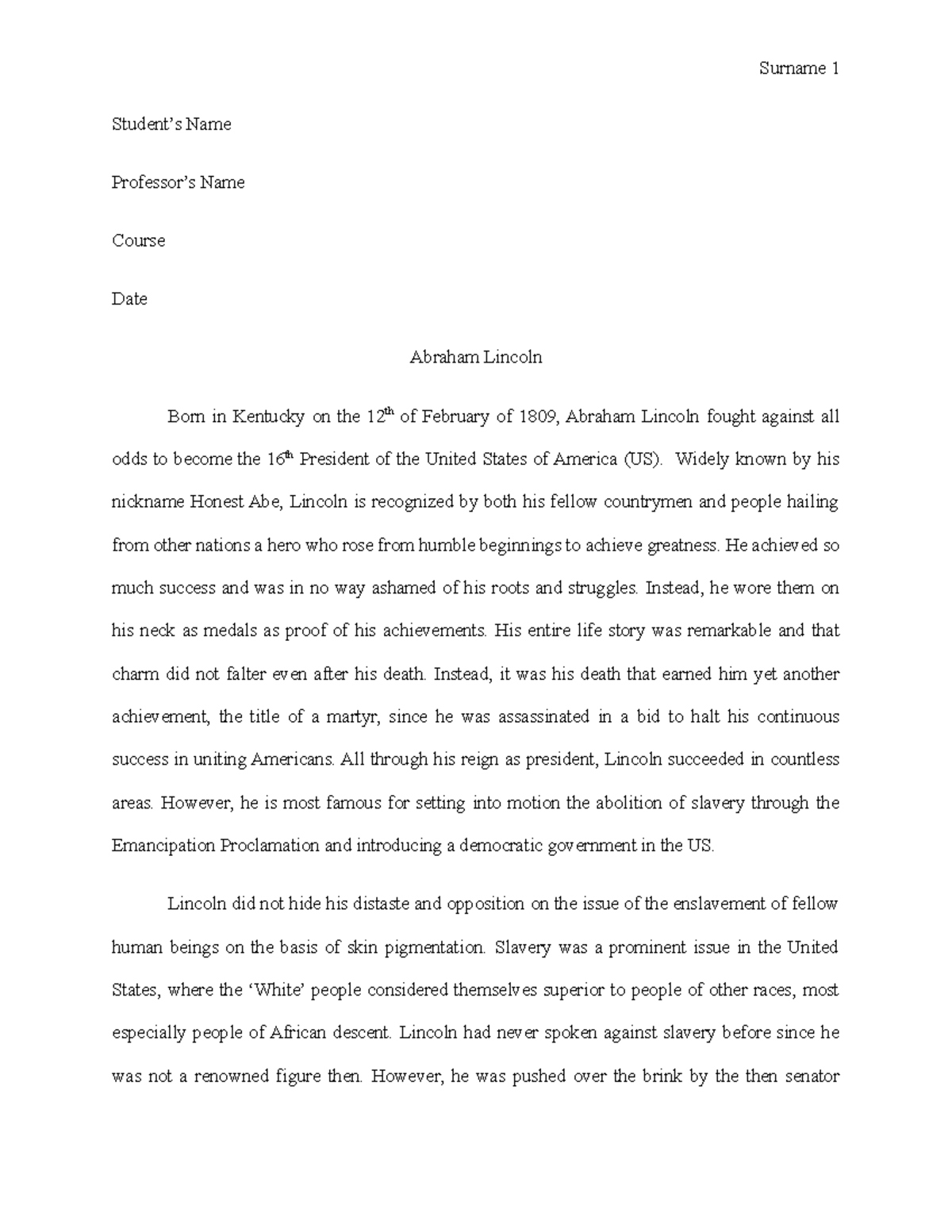 Abraham Lincoln assignment documents - Student’s Name Professor’s Name ...