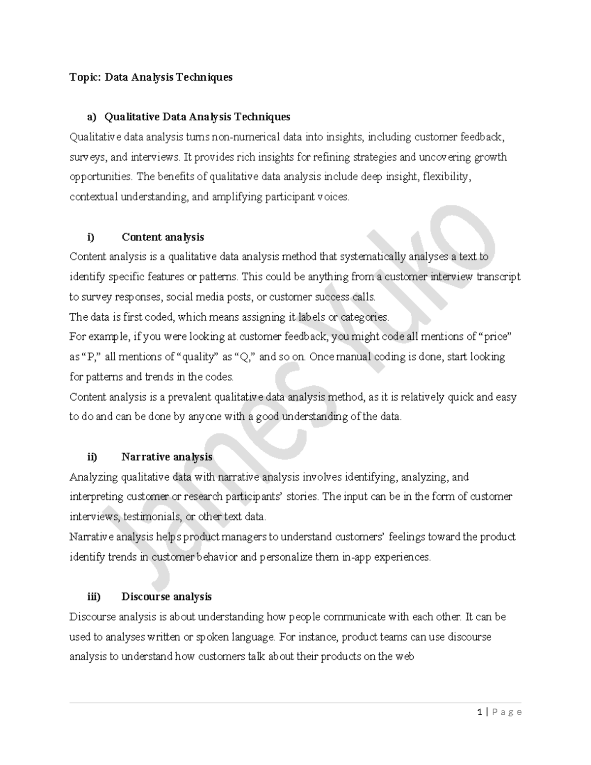Notes Data Analysis Techniques Topic Data Analysis Techniques A Qualitative Data Analysis