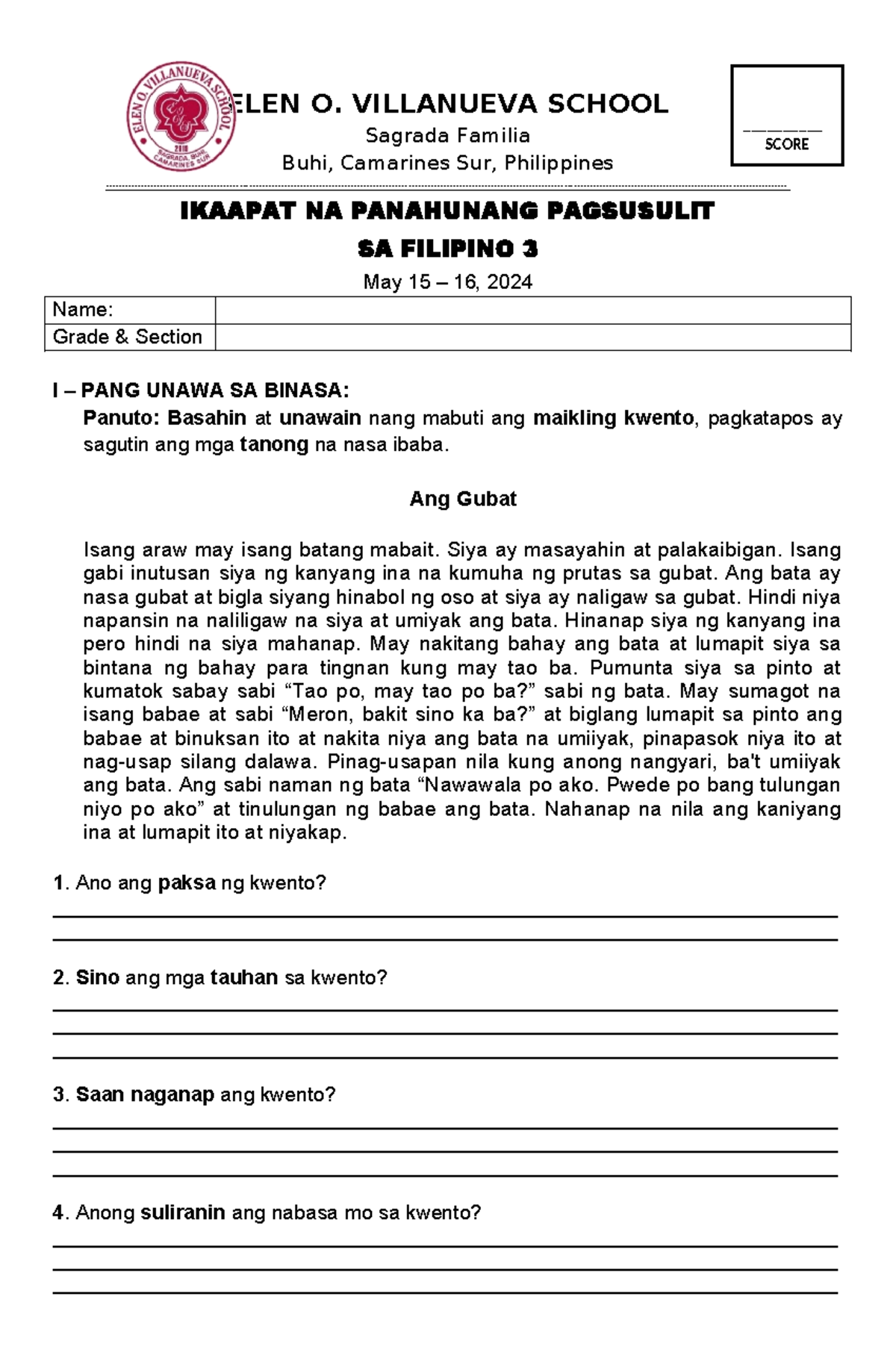 Filipino 3 TQ 4TH Quarter - ELEN O. VILLANUEVA SCHOOL Sagrada Familia ...